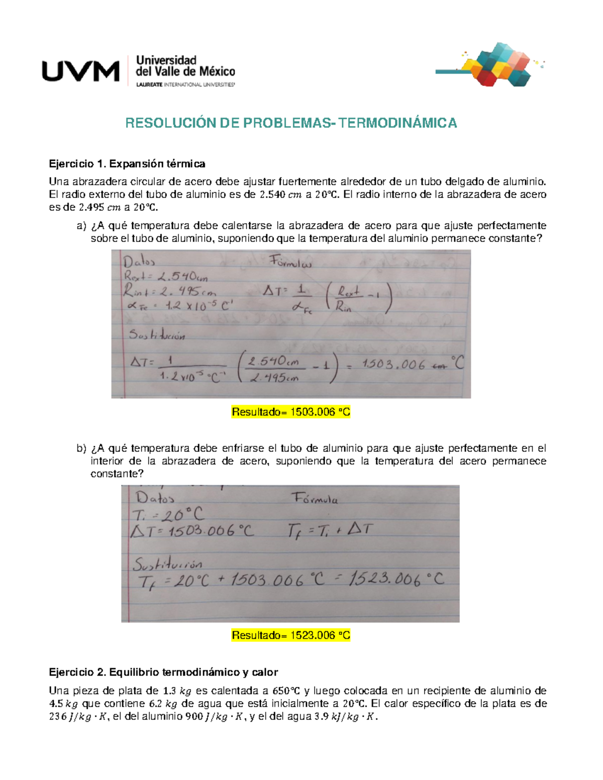 U5 Ejercicios Termodinamica - RESOLUCIÓN DE PROBLEMAS- TERMODINÁMICA ...