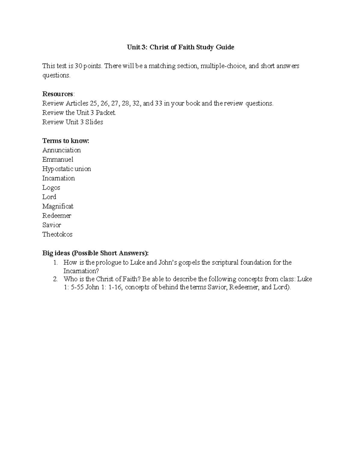 Unit 3 Christ of Faith Study Guide - Unit 3: Christ of Faith Study ...