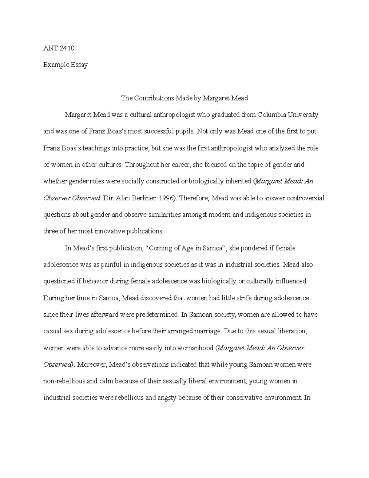 Film 3 Margaret Mead Example Essay - ANT 2410 Example Essay The ...