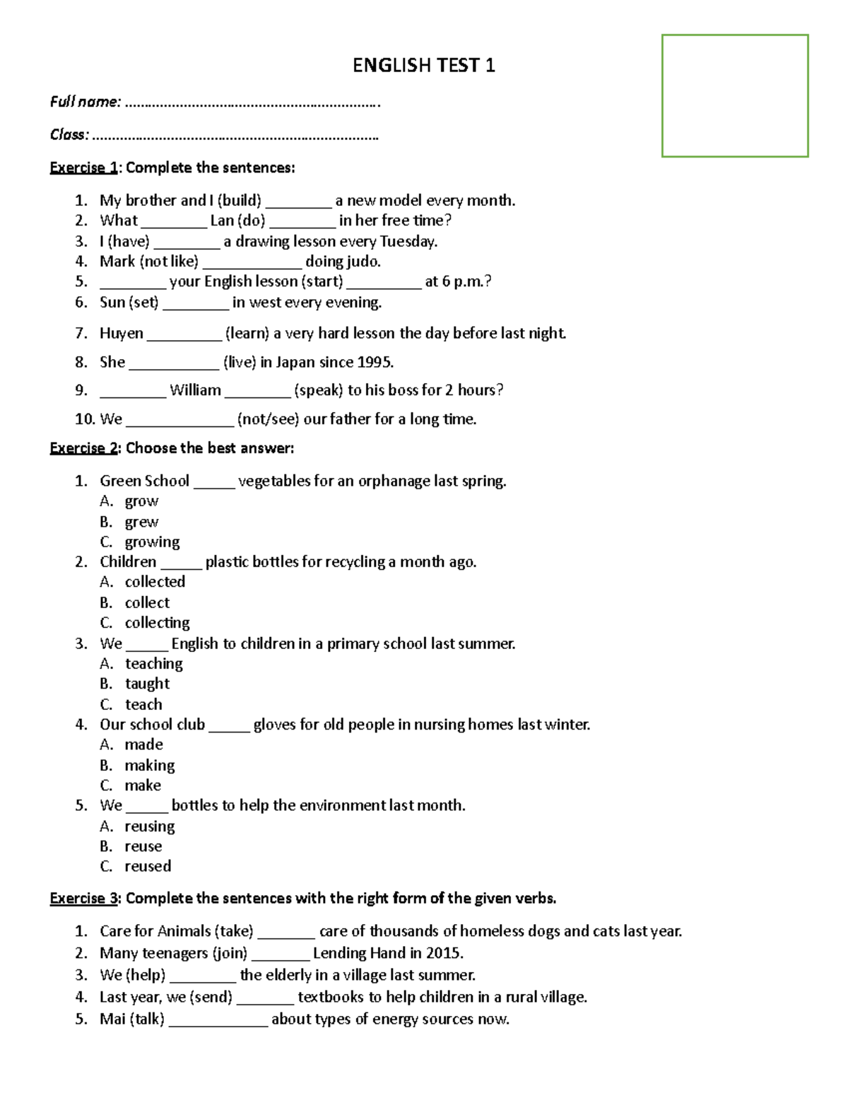 English TEST 1 - ENGLISH TEST 1 Full name: - Studocu