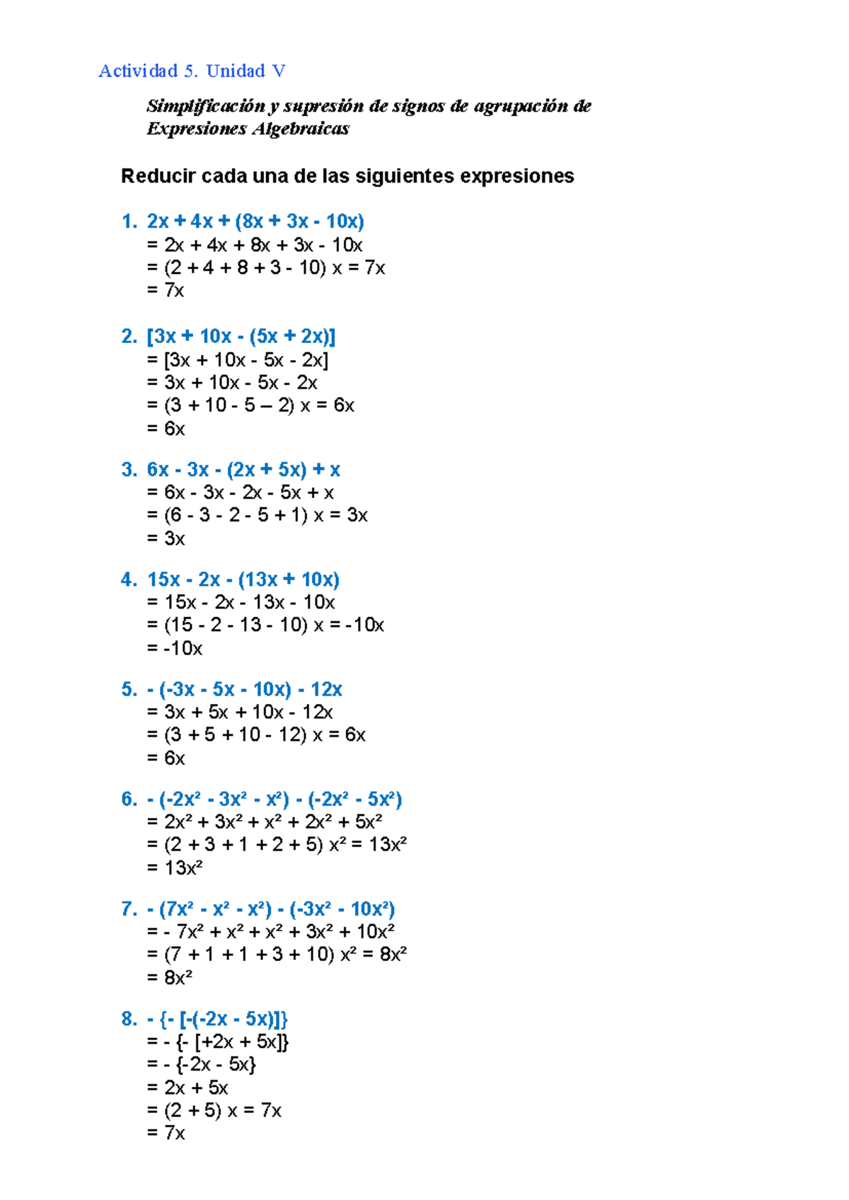 Tarea 5. Matemática Básica - Actividad 5. Unidad V Simplificación y ...
