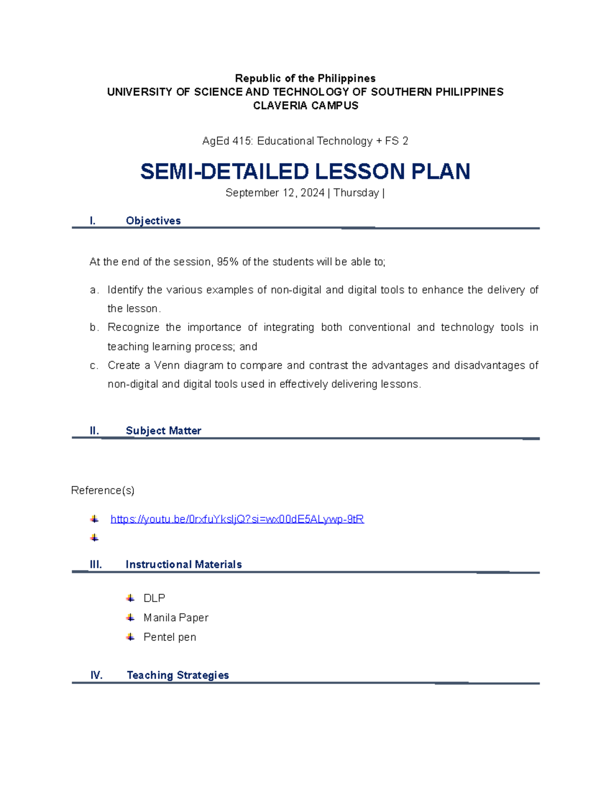 Lesson plan - Republic of the Philippines UNIVERSITY OF SCIENCE AND ...