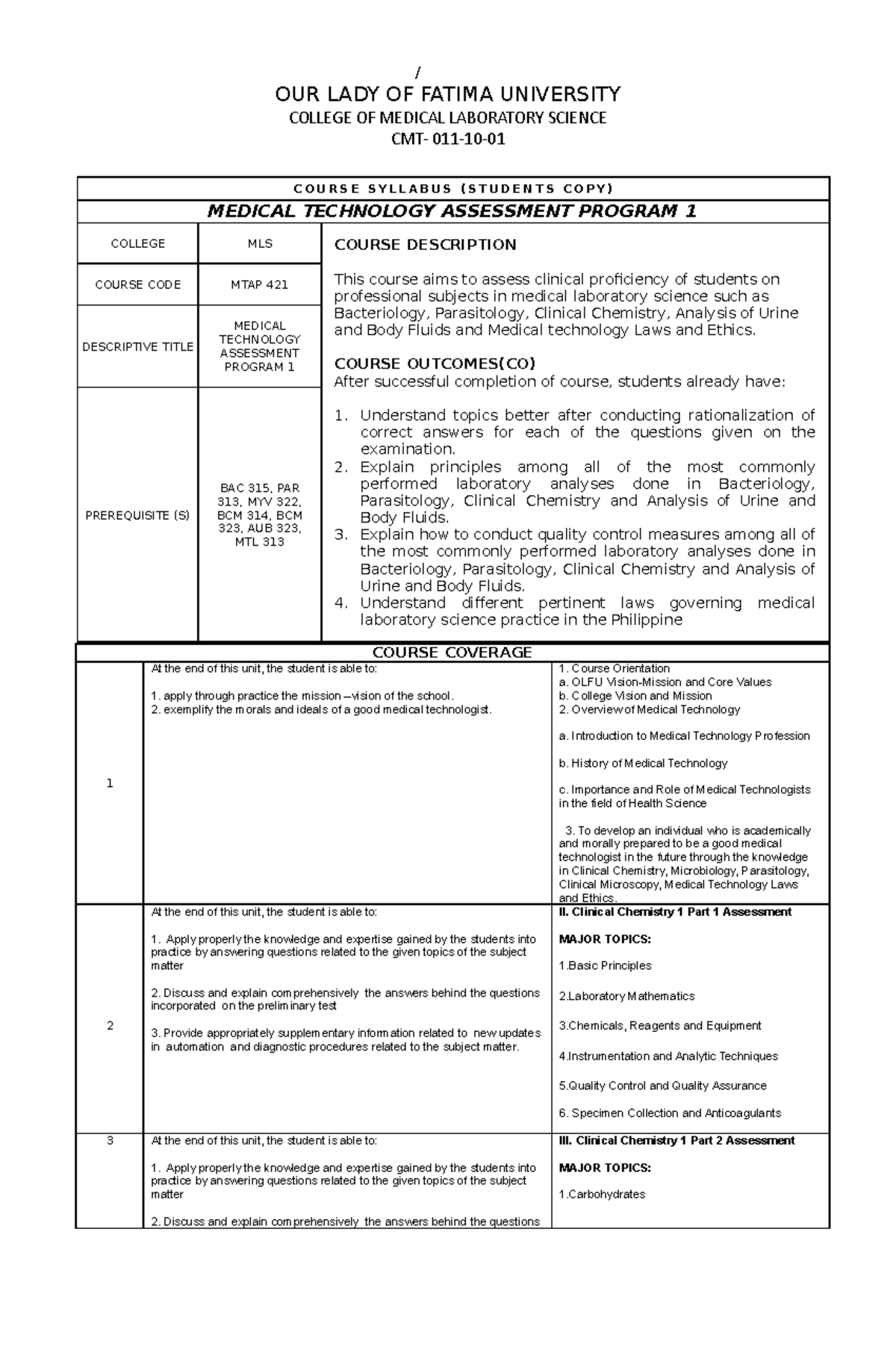 MTAP 421 Syllabus (Student's copy)-1 - / OUR LADY OF FATIMA UNIVERSITY COLLEGE OF MEDICAL ...