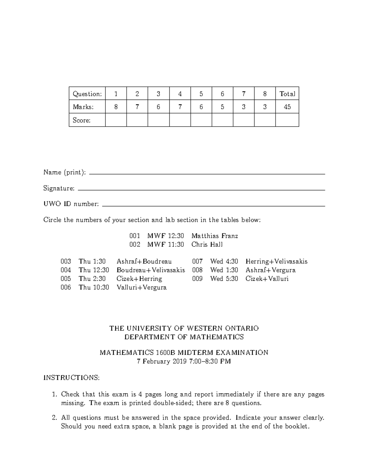Midterm 1 Winter 2019 Blank - Question: 1 2 3 4 5 6 7 8 Total Marks: 8 ...