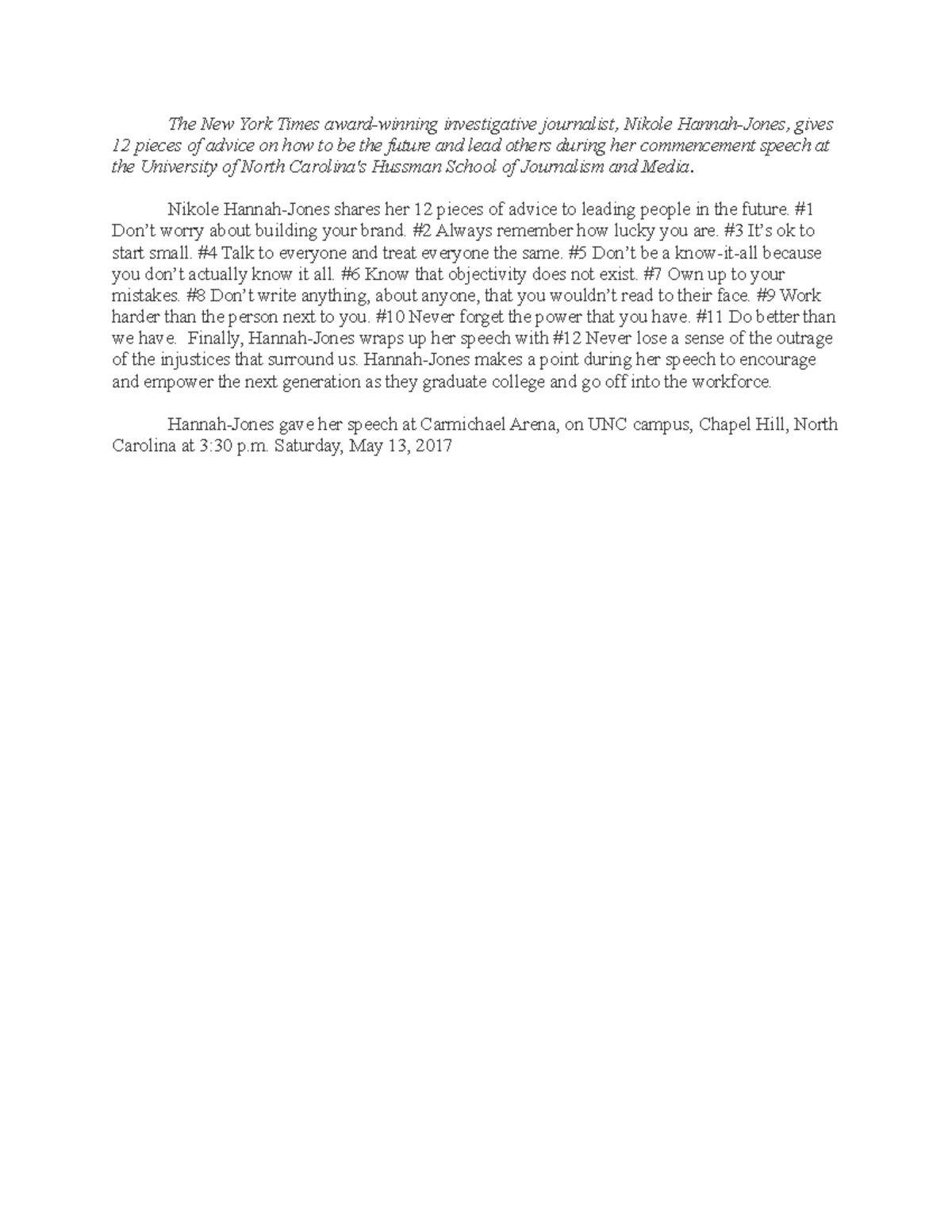 Hannah-Jones Speech - Lecture notes - The New York Times award-winning ...