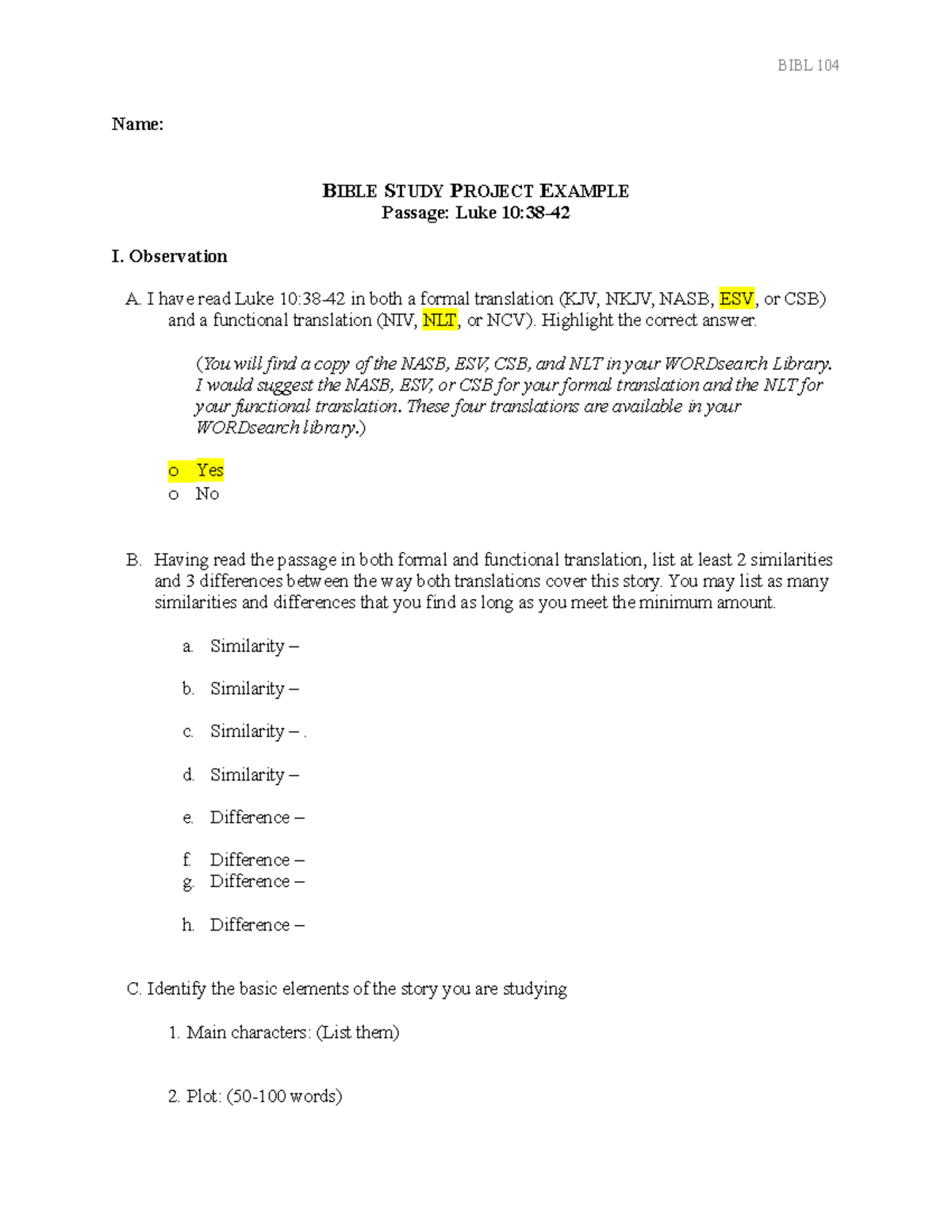 Bible Study Project Example (1) - Name: BIBLE STUDY PROJECT EXAMPLE ...