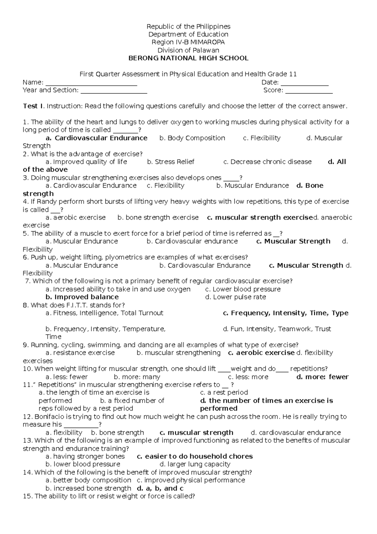 PE 11 EXAM Answer Key - Republic of the Philippines Department of ...