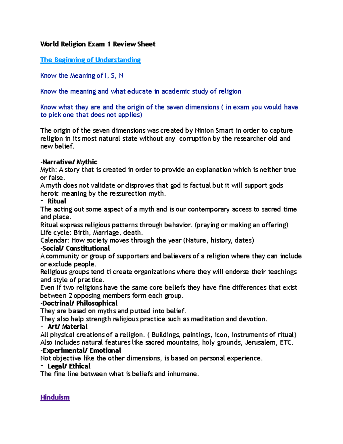 World Religion Exam 1 Review Sheet -Narrative/ Mythic Myth: A story ...