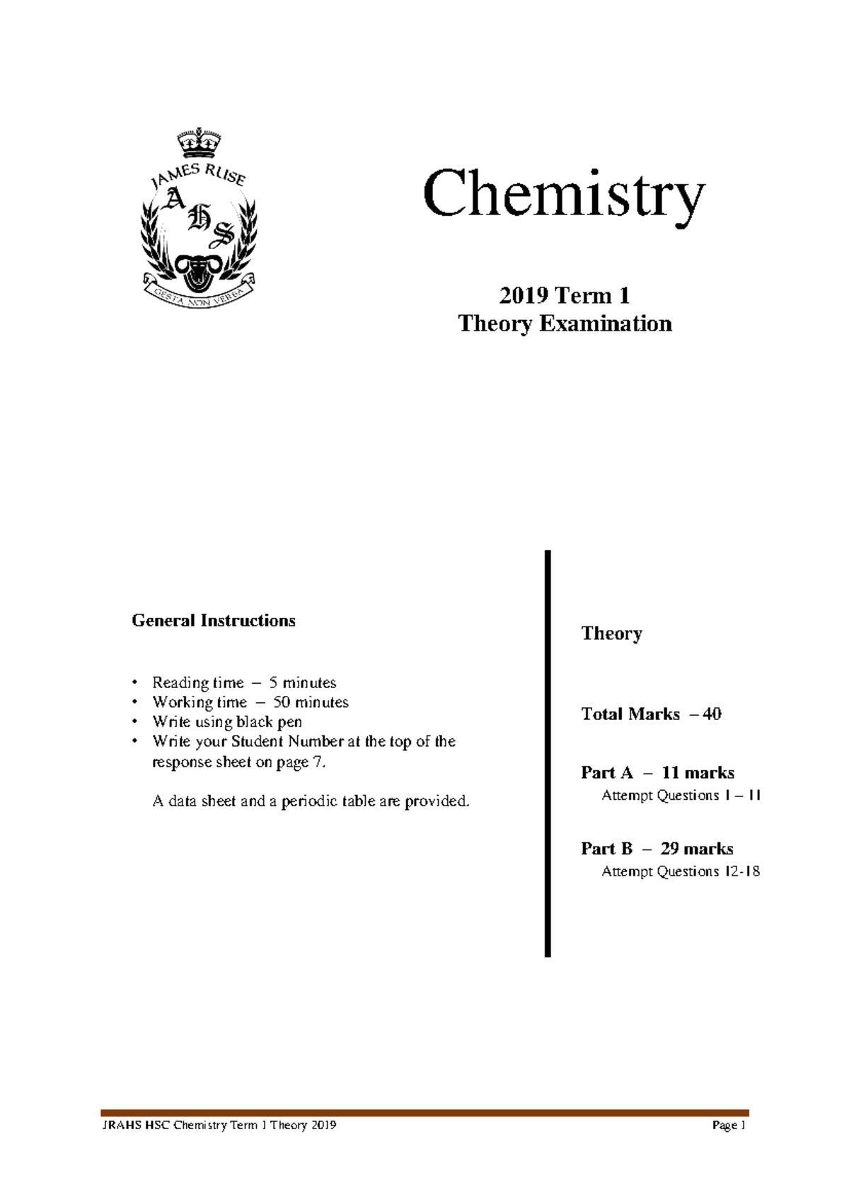2019 CHEM - James Ruse - Theory Examination Paper - ####### General ...
