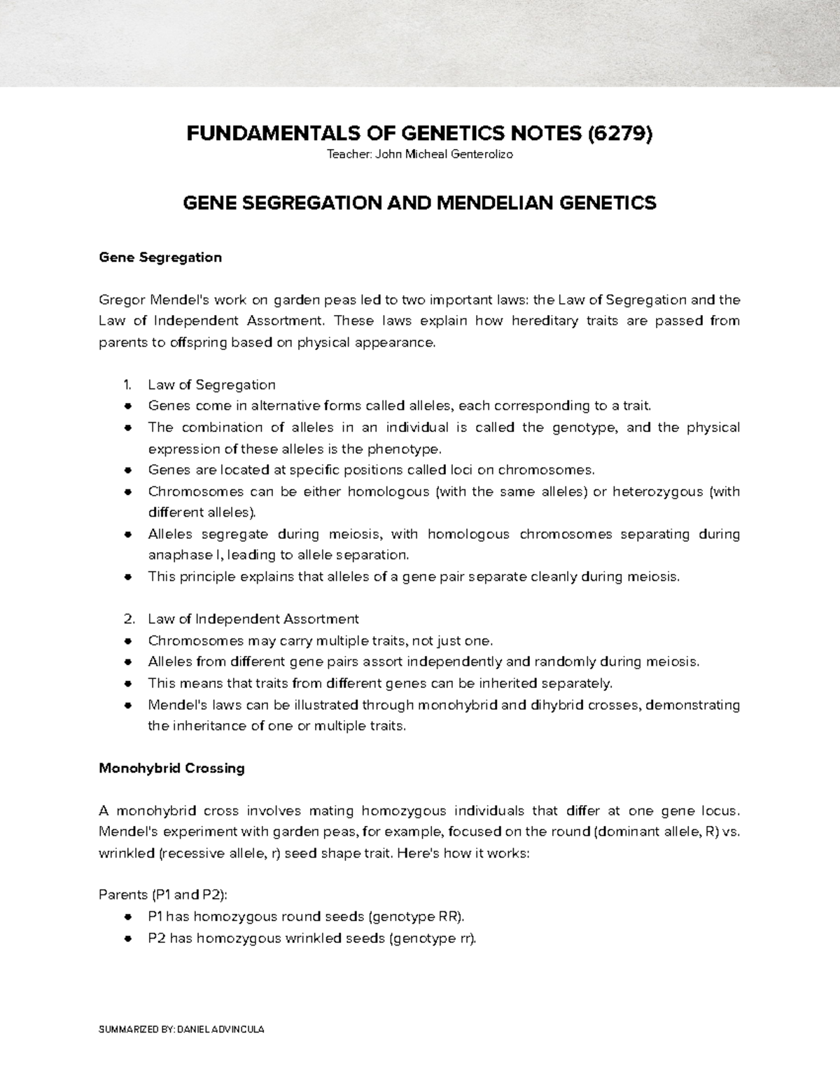 Genetics ( Lecture) Summarize Notes - FUNDAMENTALS OF GENETICS NOTES ...