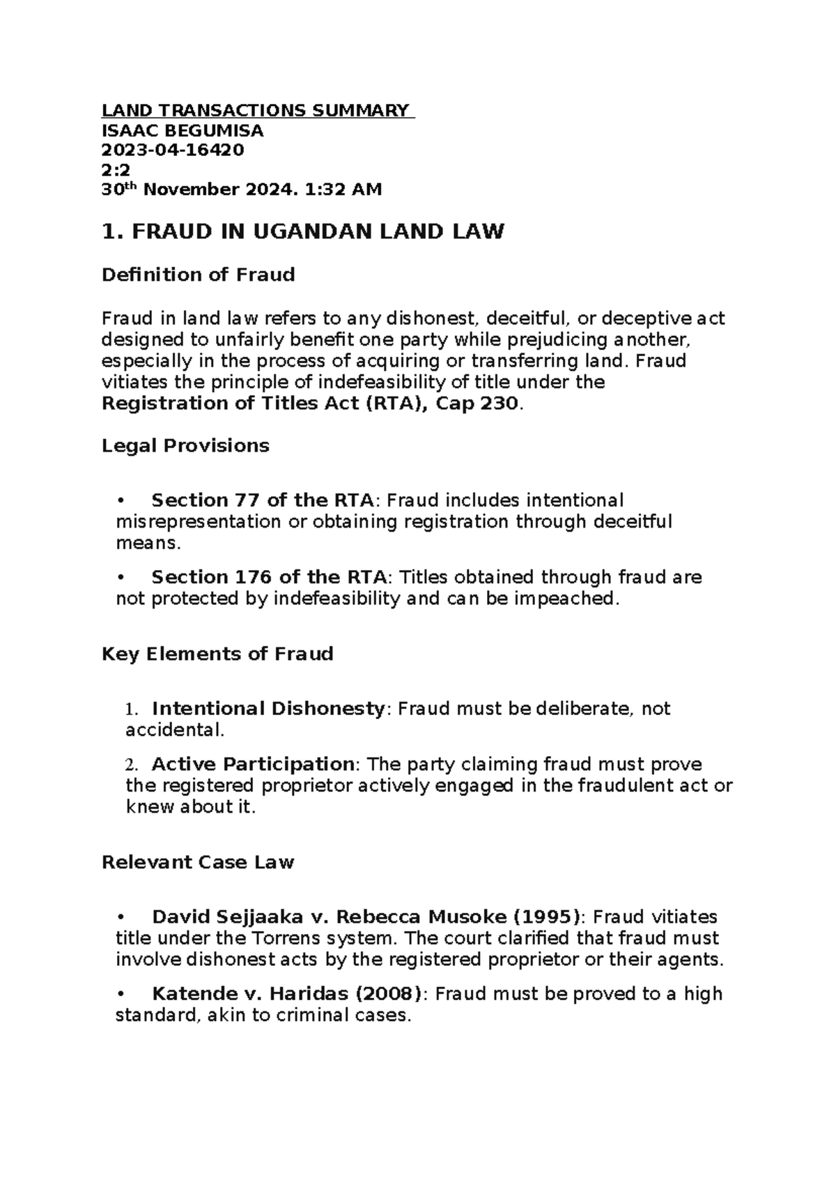 Land transactions summary - LAND TRANSACTIONS SUMMARY ISAAC BEGUMISA ...