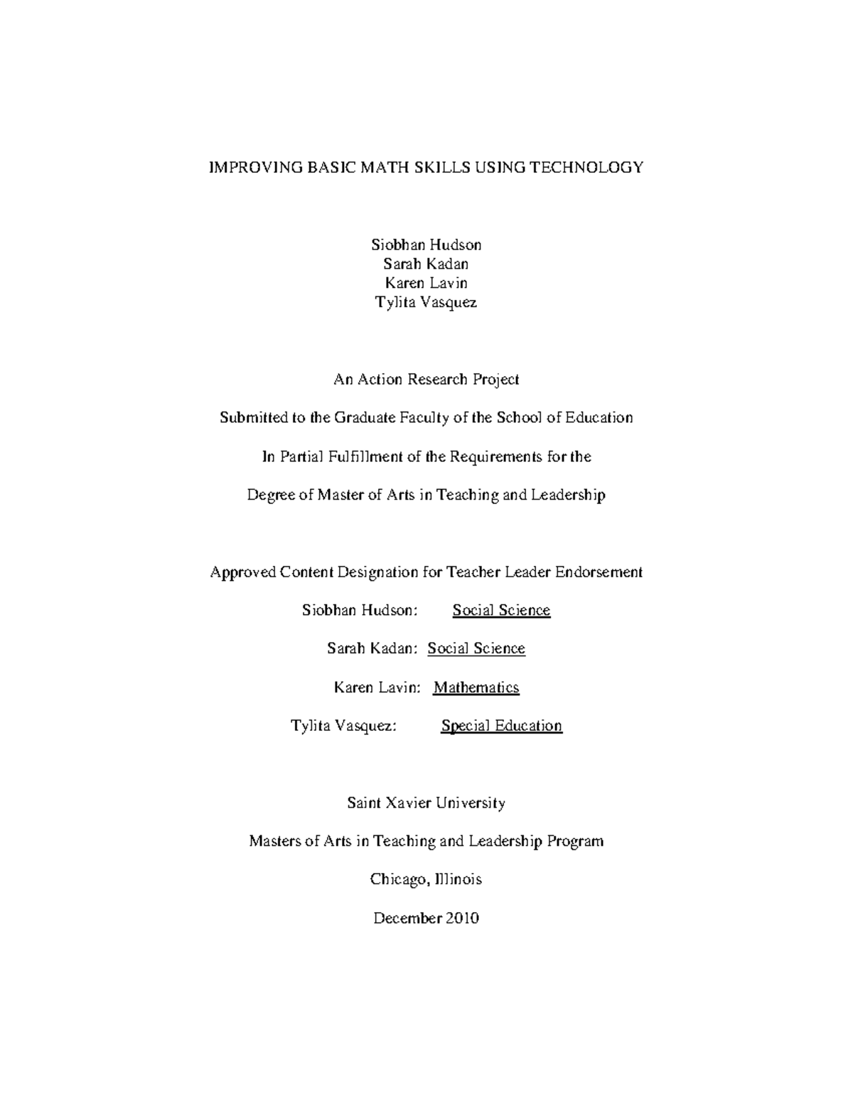 ED512698 - Propoaal - IMPROVING BASIC MATH SKILLS USING TECHNOLOGY Siobhan Hudson Sarah Kadan ...