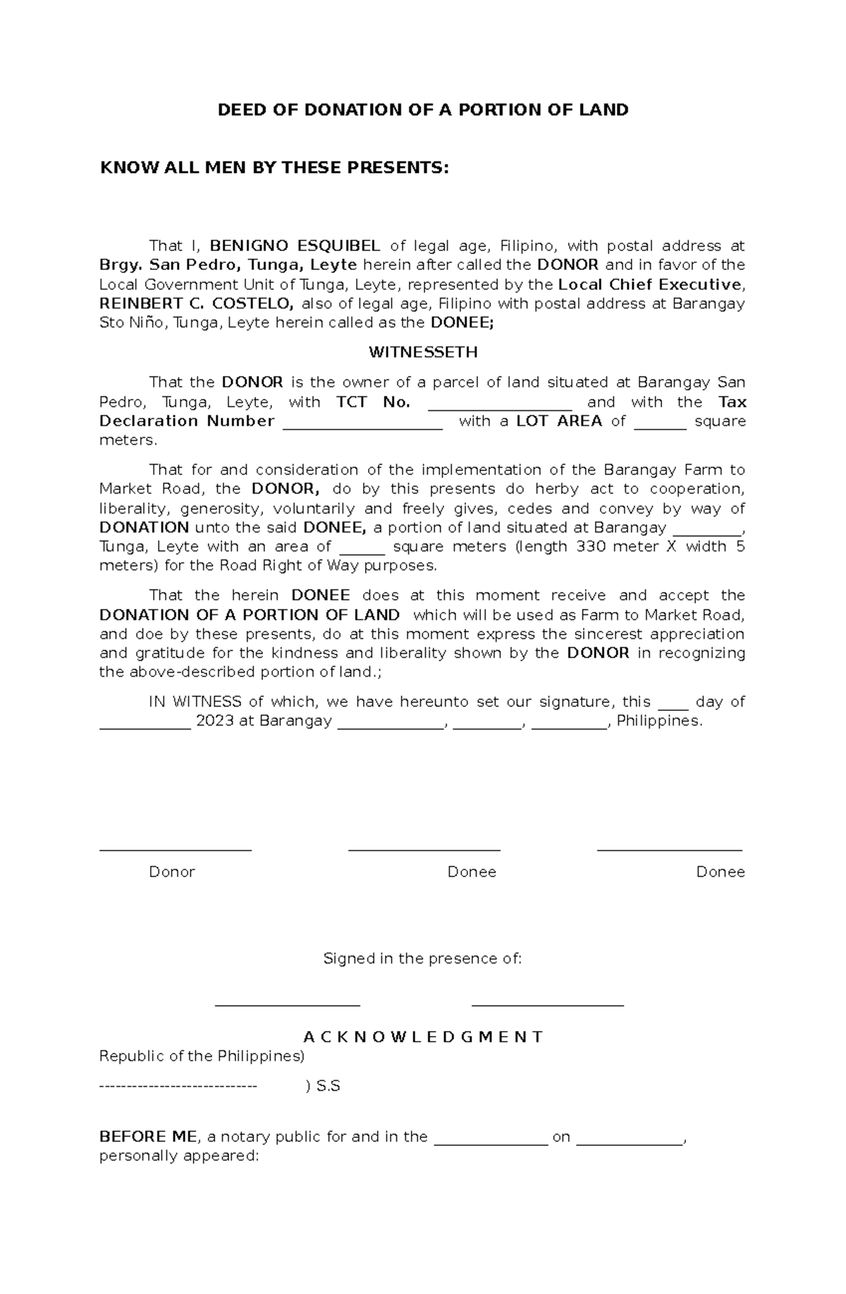DEED OF Donation OF A Portion OF LAND Blank - DEED OF DONATION OF A PORTION OF LAND KNOW ALL MEN ...
