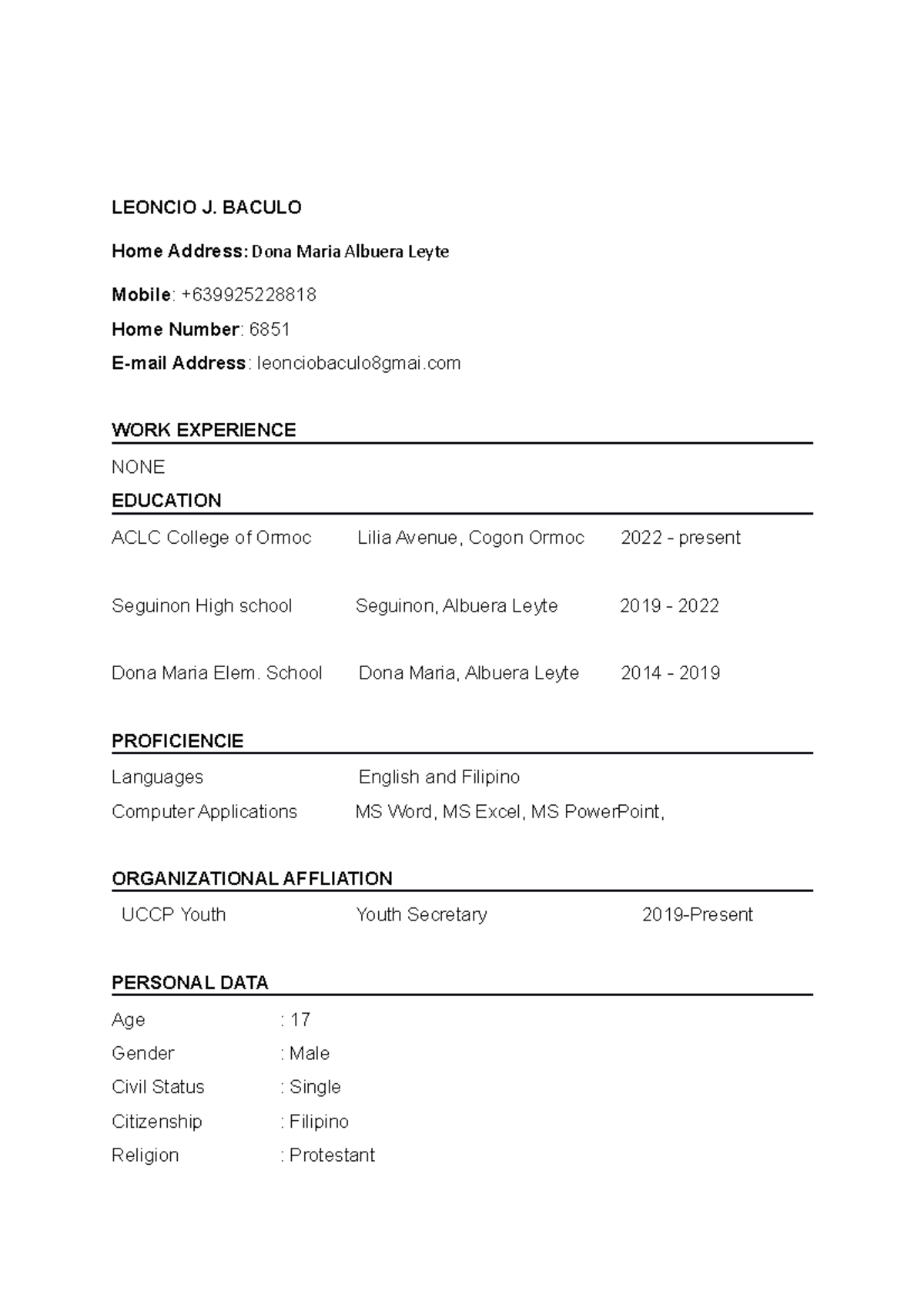 Resume-Format - 0.5 paragraph sentence spacing - LEONCIO J. BACULO Home ...