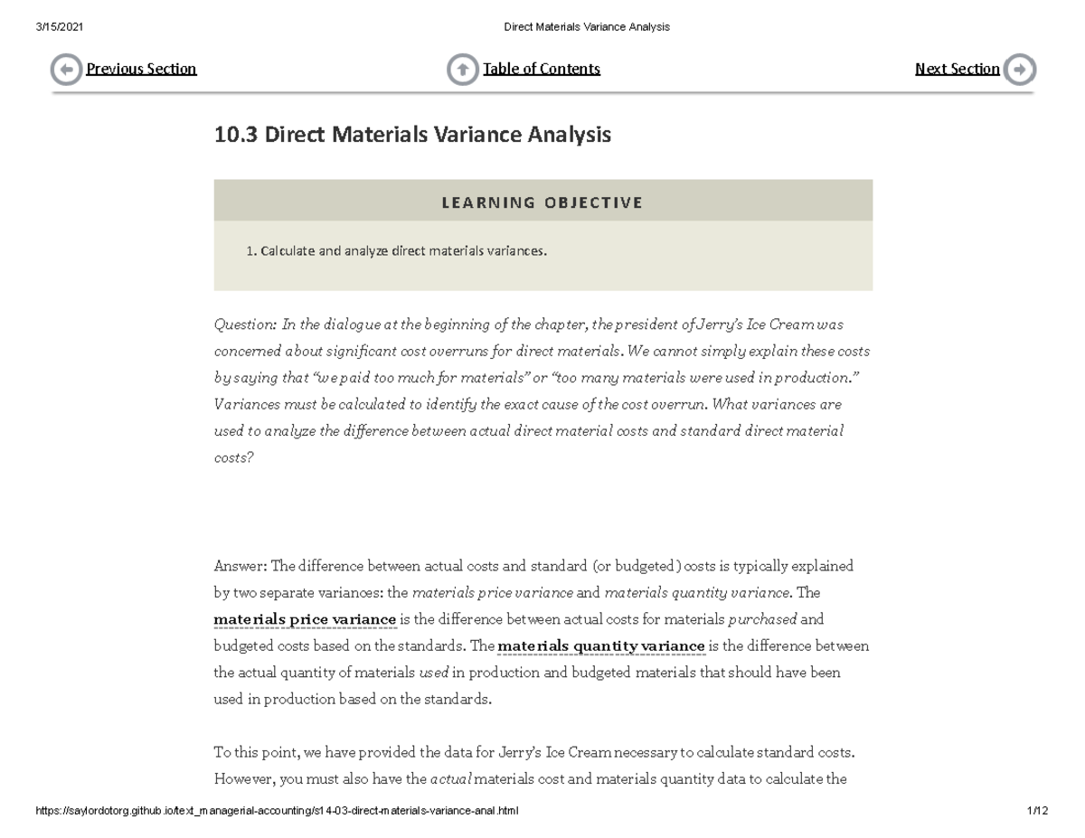 Direct Materials Variance Analysis - 3/15/2021 Direct Materials ...