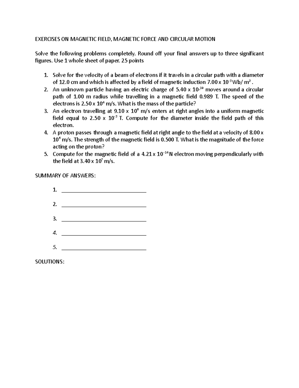 Magnetic Force AND Circular Motion - EXERCISES ON MAGNETIC FIELD ...