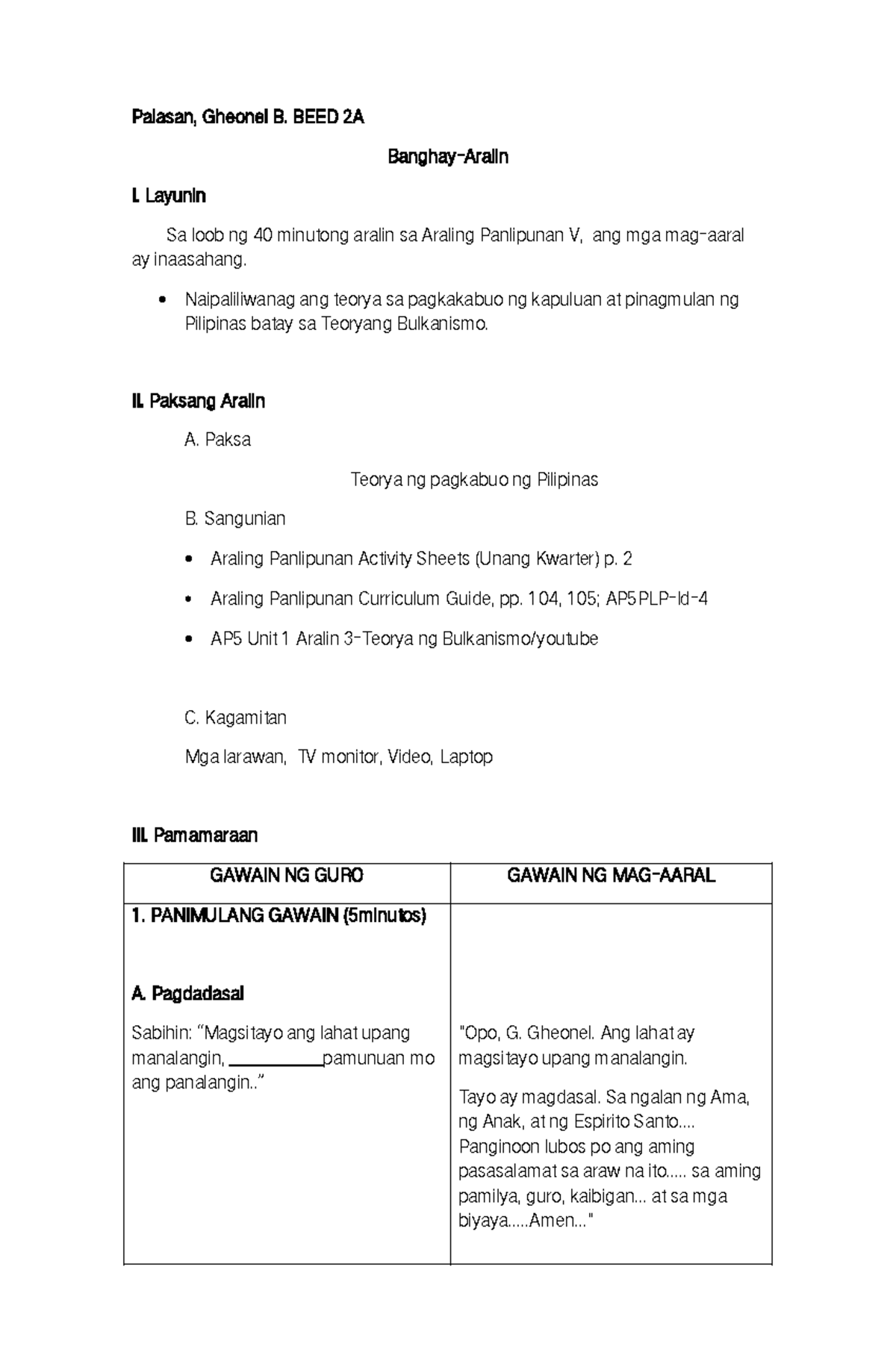 Lesson Plan5 - P a l a s a n , G h e o n e l B. B E E D 2 A B a n g h a ...