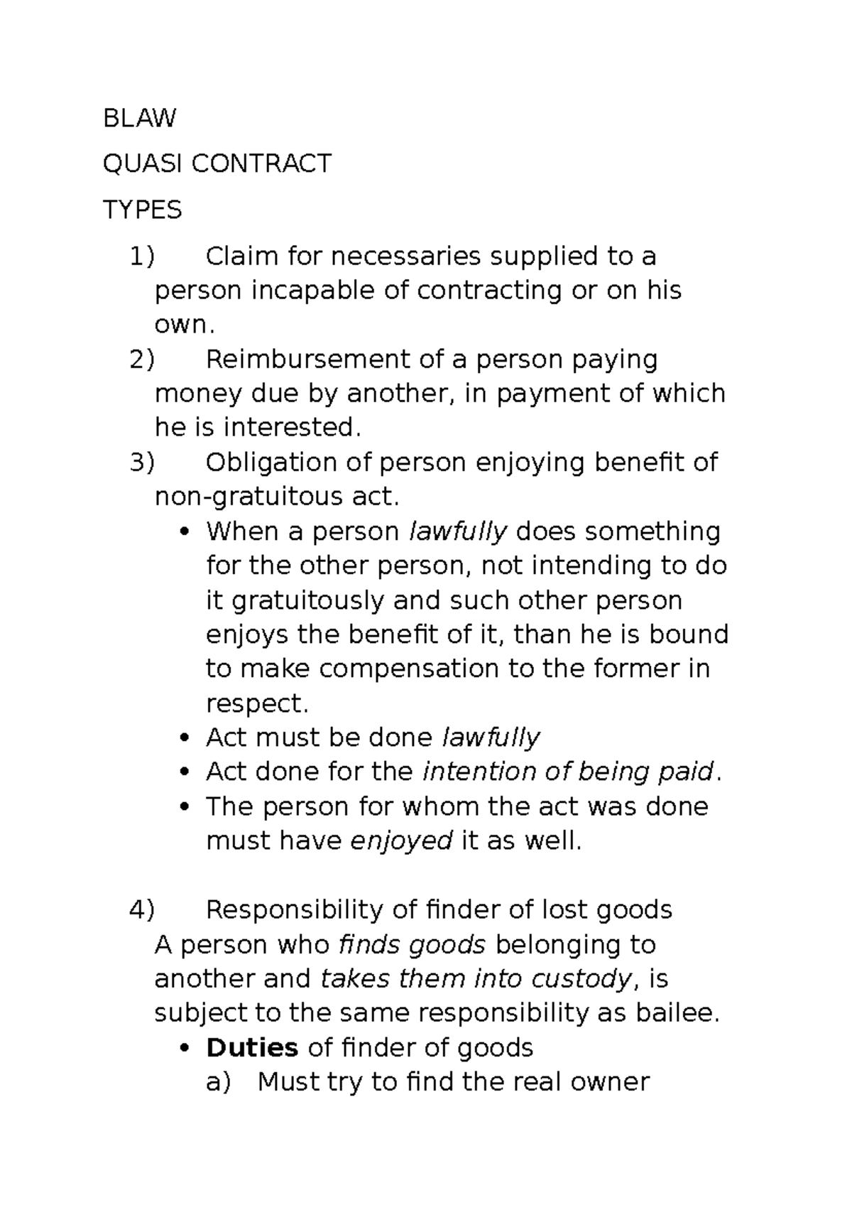 Blaw notes quasi - BLAW QUASI CONTRACT TYPES Claim for necessaries ...