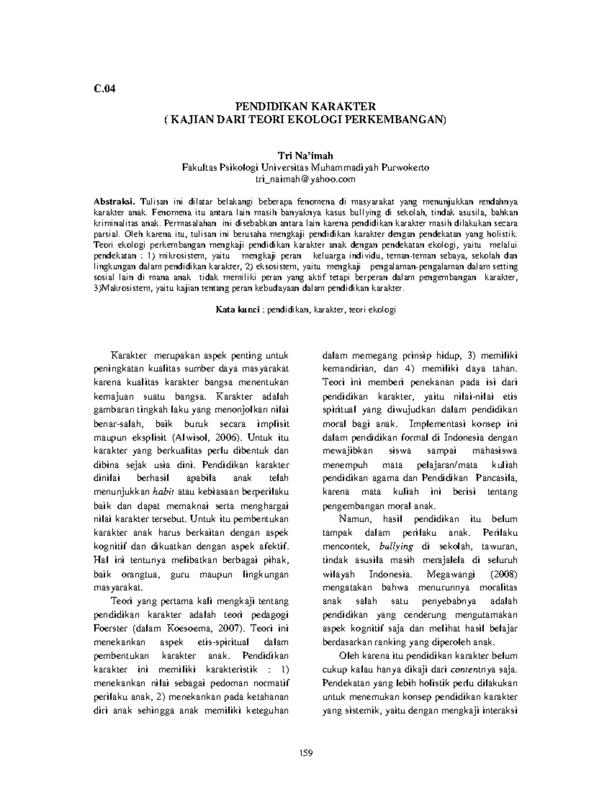 C4. Tri Naimah-UMP (fixed) - 159 C. PENDIDIKAN KARAKTER ( KAJIAN DARI TEORI EKOLOGI PERKEMBANGAN ...
