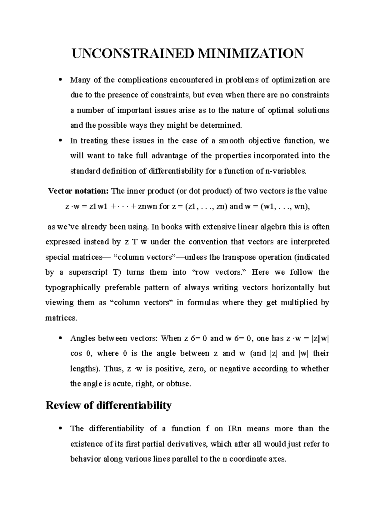 Unconstrained Minimization Unconstrained Minimization Many Of The Complications Encountered In