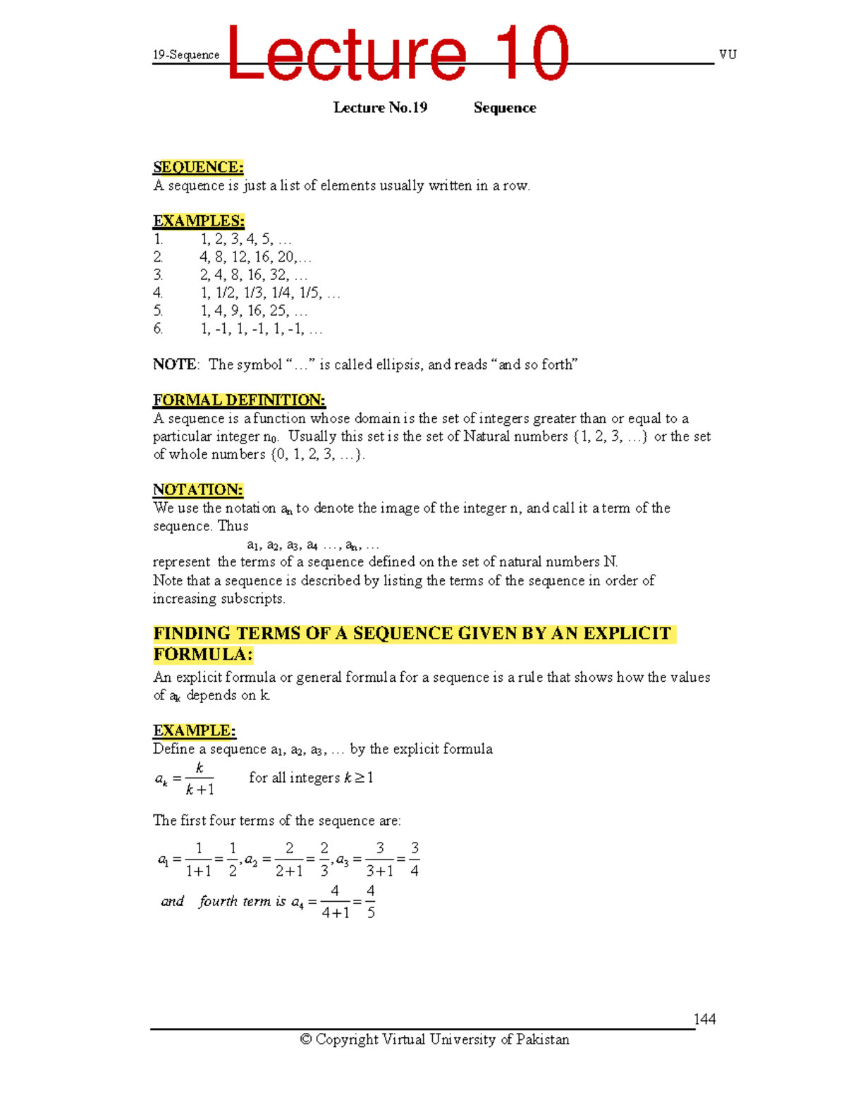 DS Lecture 10-1 - 19-Sequence VU 144 Lecture No Sequence SEQUENCE: A ...