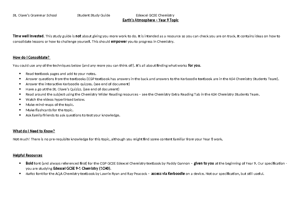 Earth's Atmosphere GCSE Year 9 Student Study Guide - St. Olave’s ...