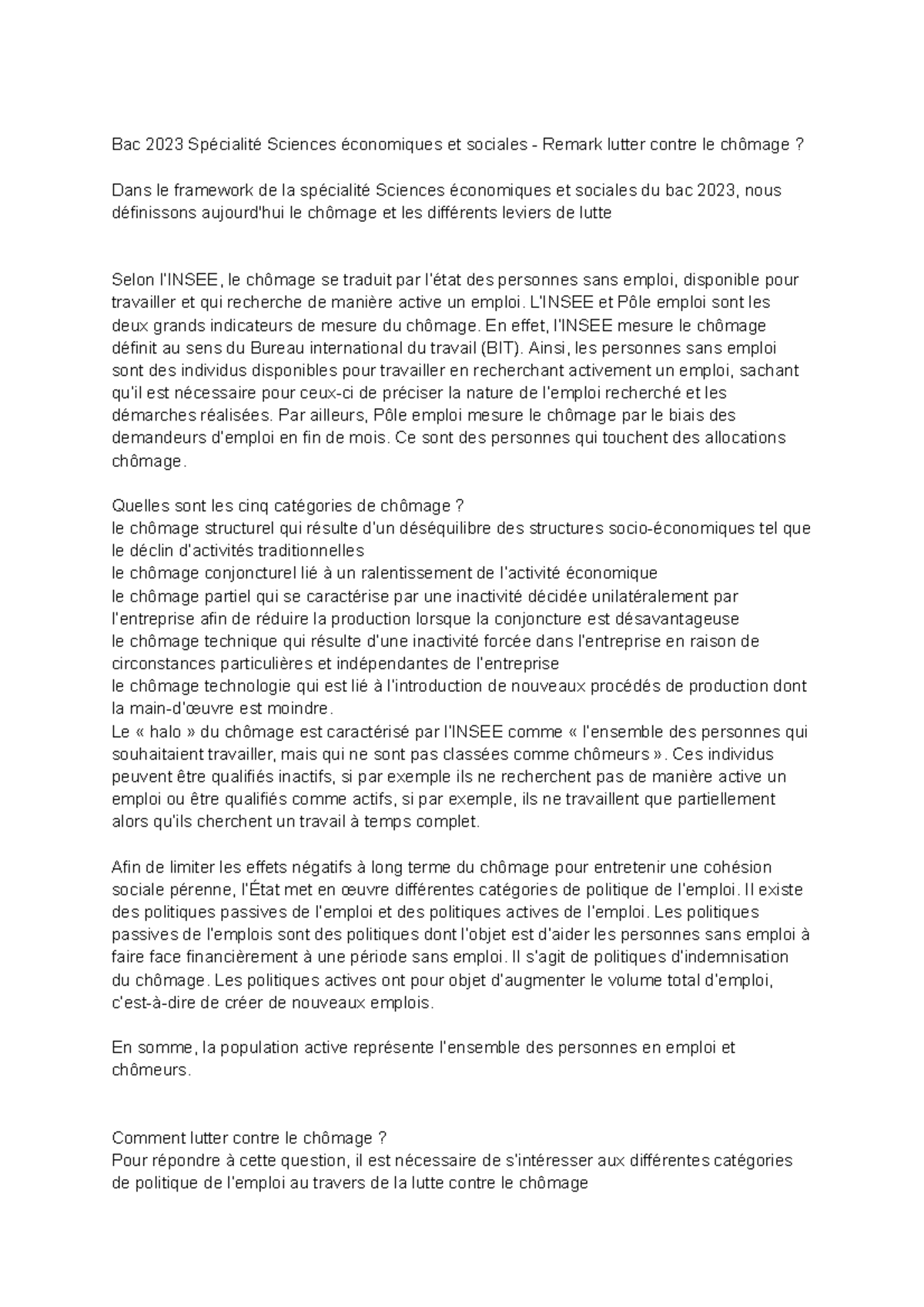 Bac 2023 Spécialité Sciences économiques et sociales - Remark lutter ...