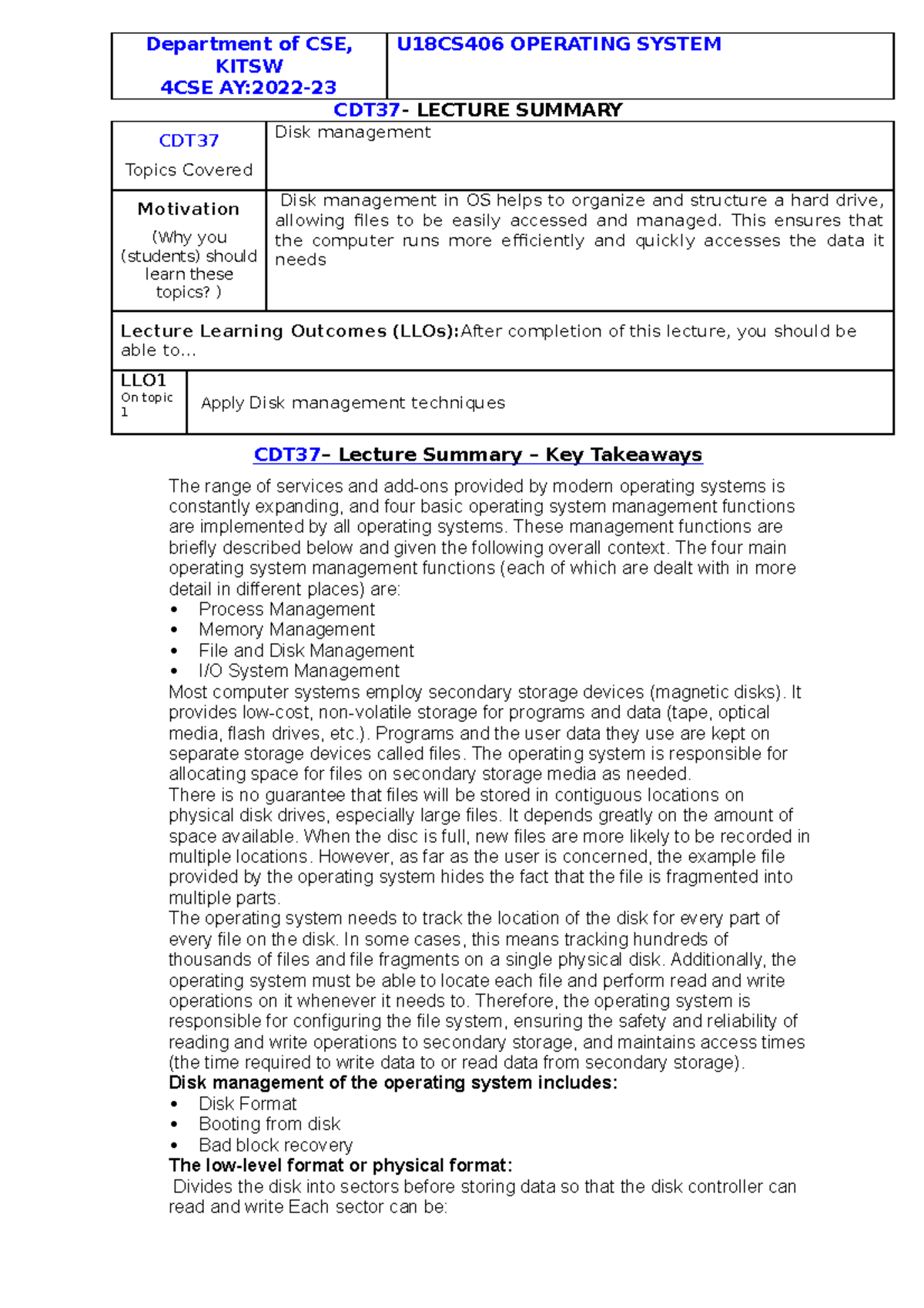 Operating Systems 6 Notes Department Of Cse Kitsw 4cse Ay2022 U18cs406 Operating System