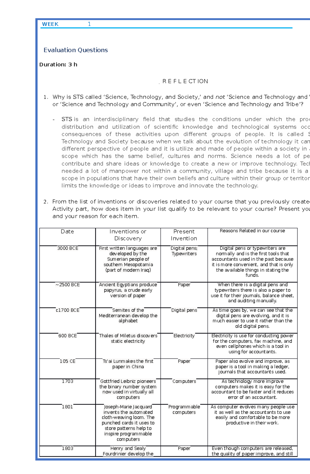 Activity #1 STS - WEEK 1 Evaluation Questions Duration: 3 h R E F L E ...