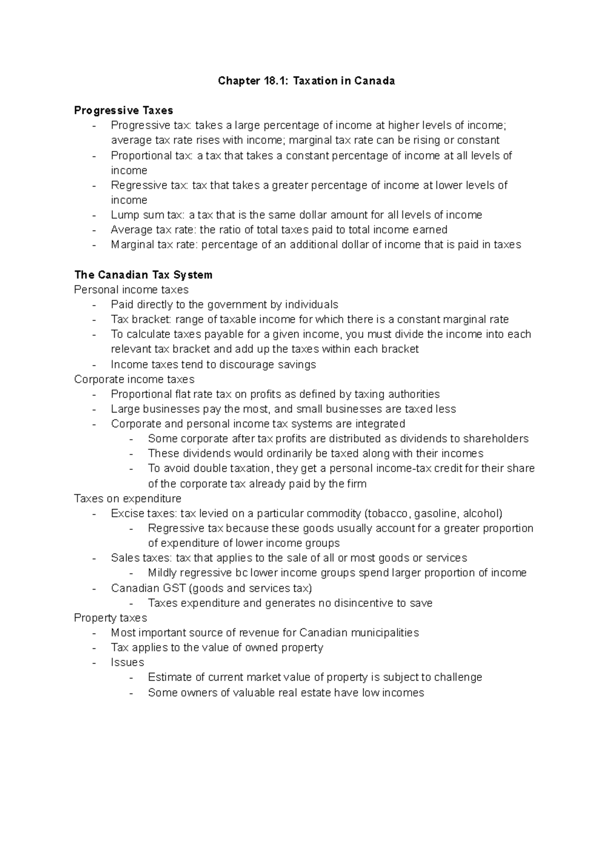 Chapter 18 Notes - Chapter 18: Taxation in Canada Progressive Taxes ...