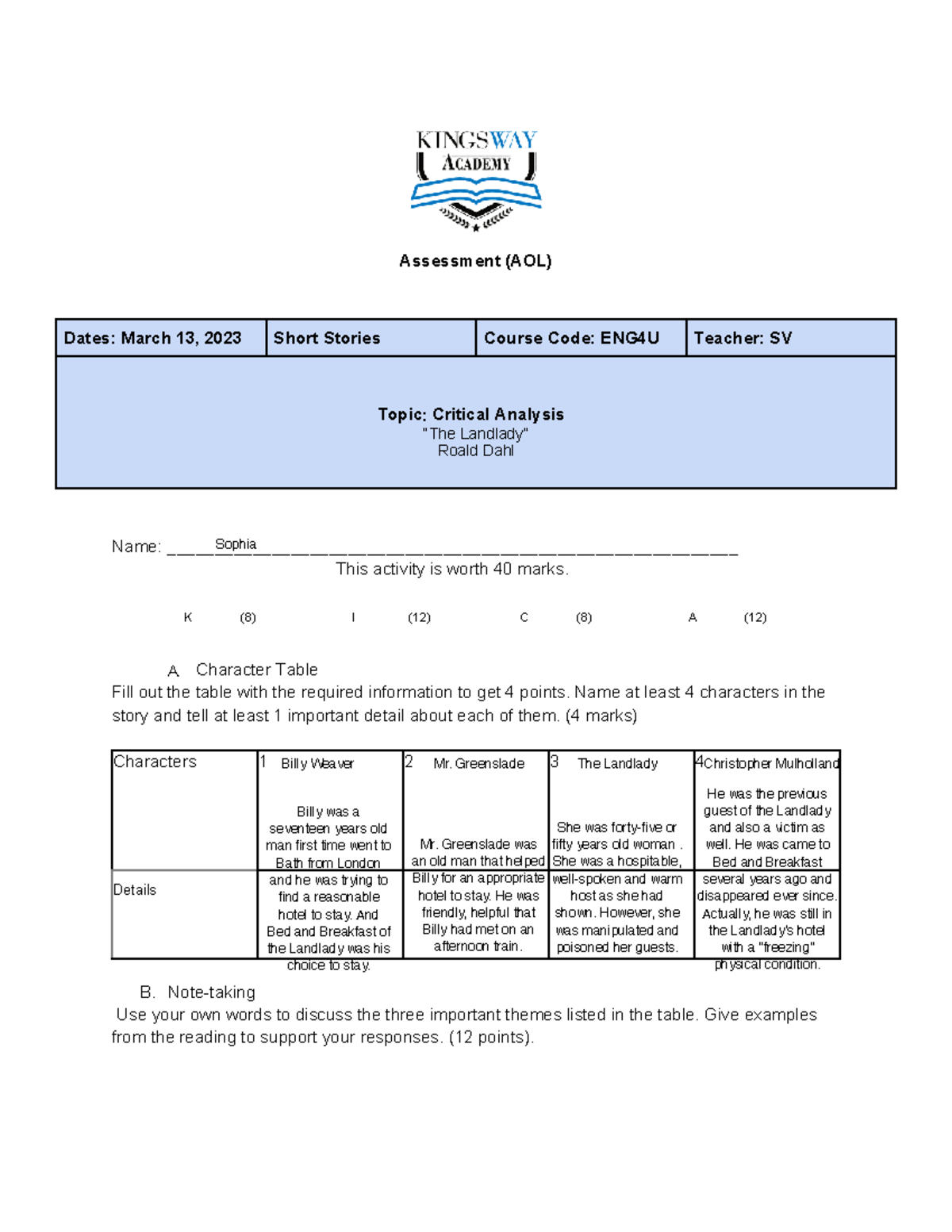 "The Landlady" Short Analysis - Assessment (AOL) Dates: March 13, 2023 ...