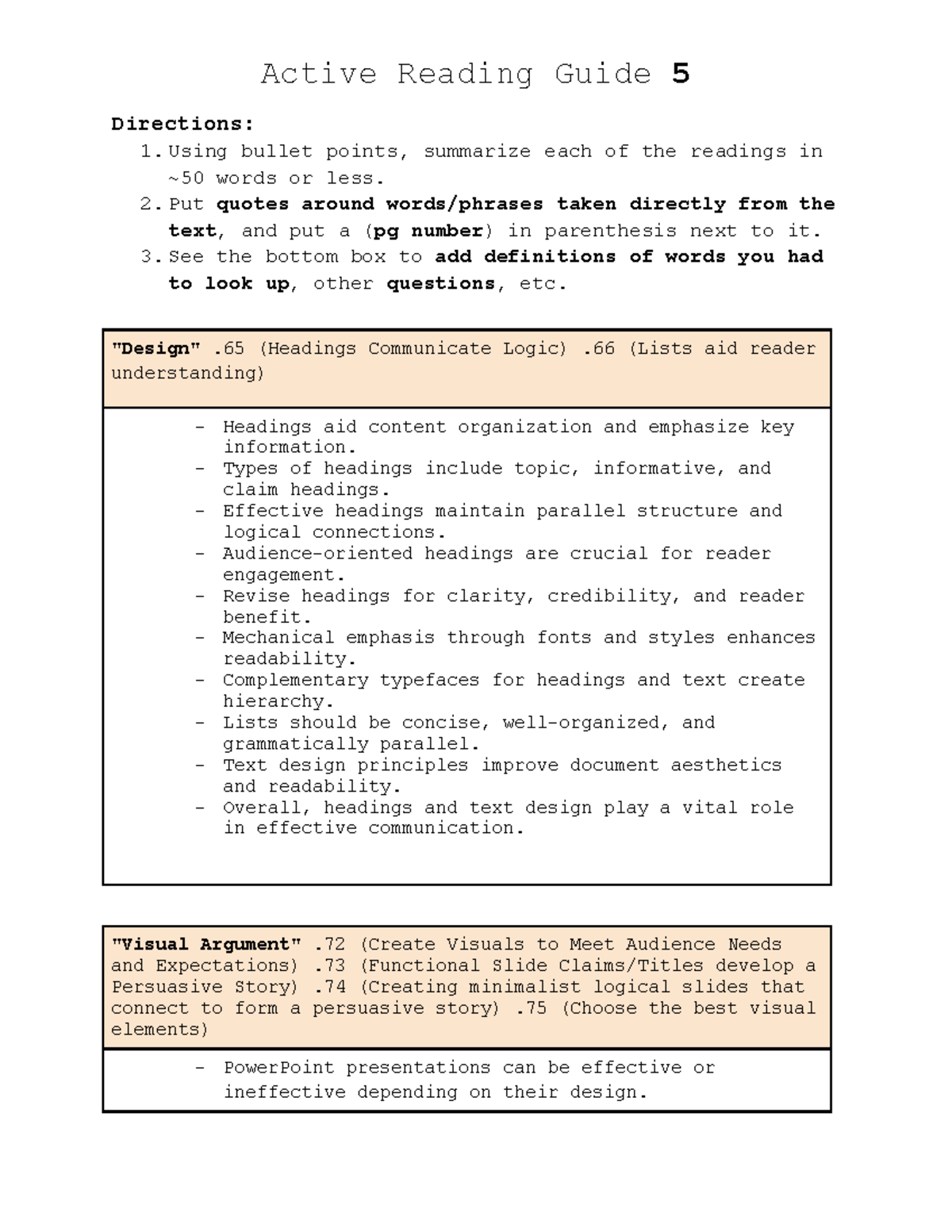 Copy of 5 Active Reading Guide - Active Reading Guide 5 Directions: 1. Using bullet points ...