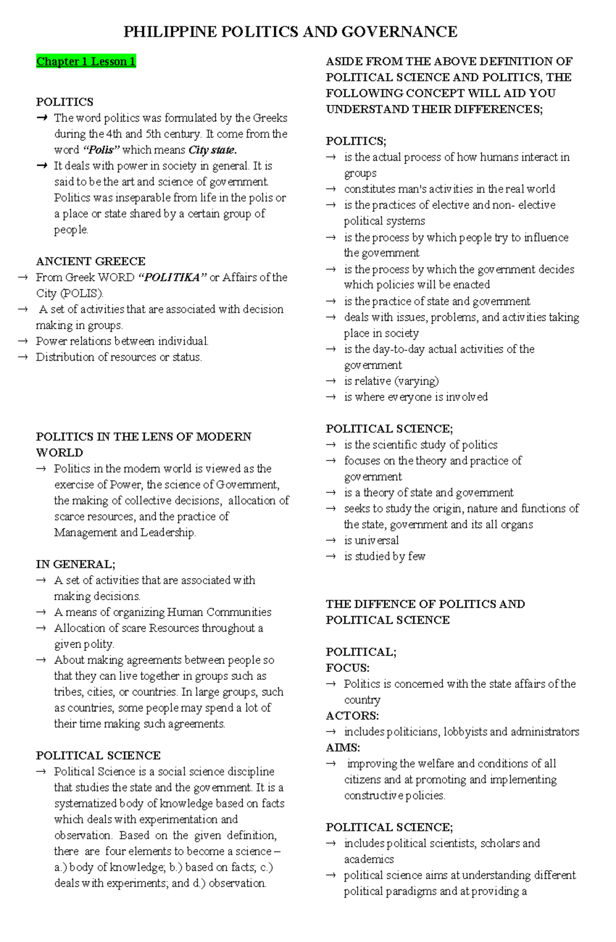 POL GOV Revewer - handouts - PHILIPPINE POLITICS AND GOVERNANCE Chapter ...