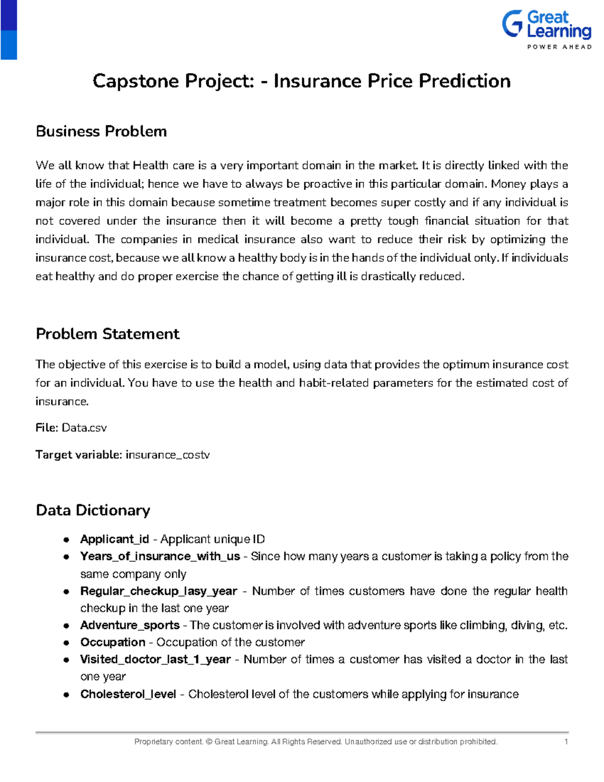 Capstone Problem Statement - Insurance Price Prediction - Proprietary ...