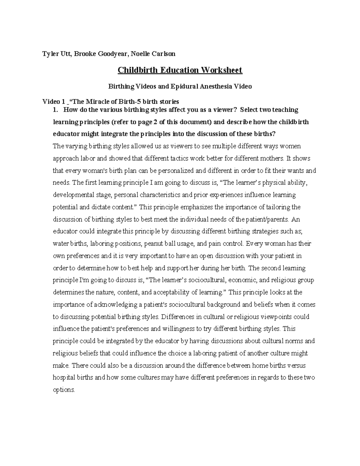 Childbirth Education Worksheet - Tyler Utt, Brooke Goodyear, Noelle ...