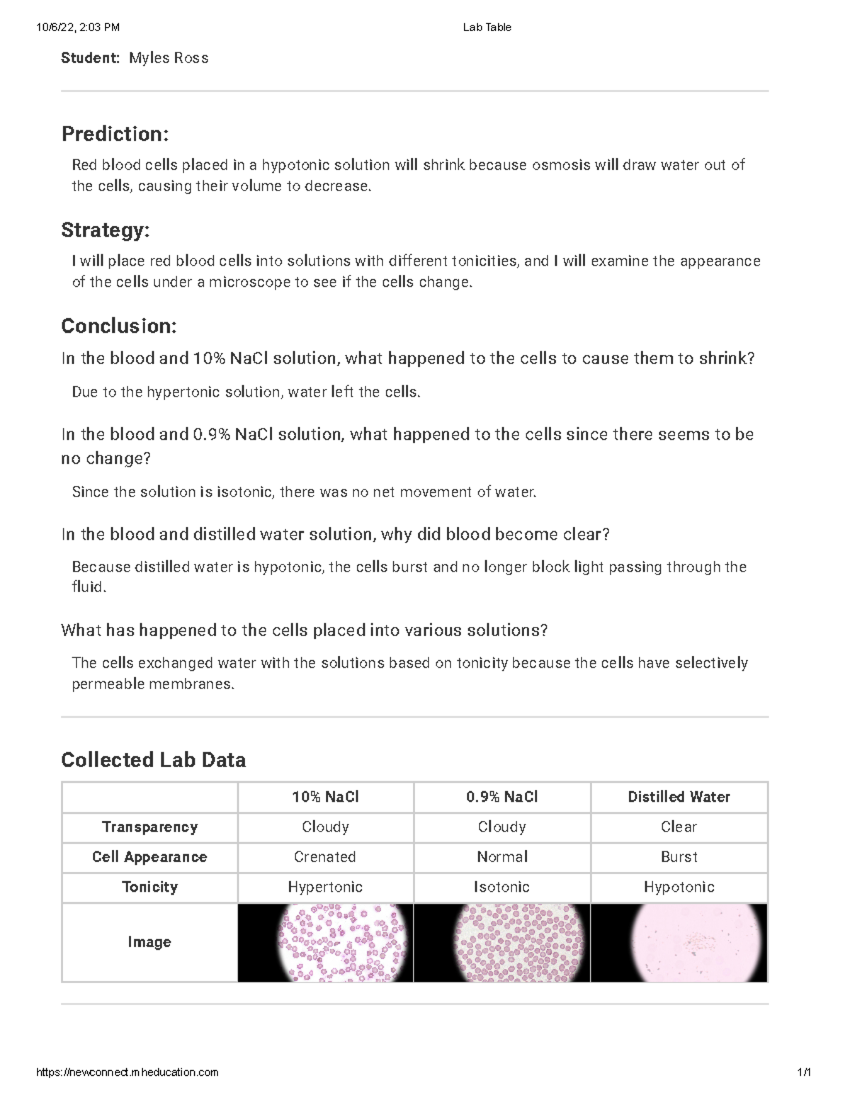 Ross.Tonicity in Red Blood Cells Lab - 10/6/22, 2:03 PM Lab Table newconnect.mheducation 1 ...