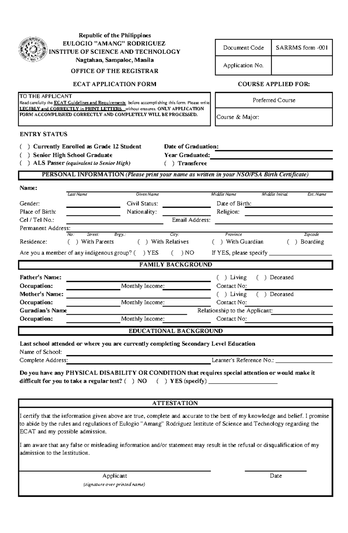 ECAT-application-form - ( ) Currently Enrolled as Grade 12 Student Date ...