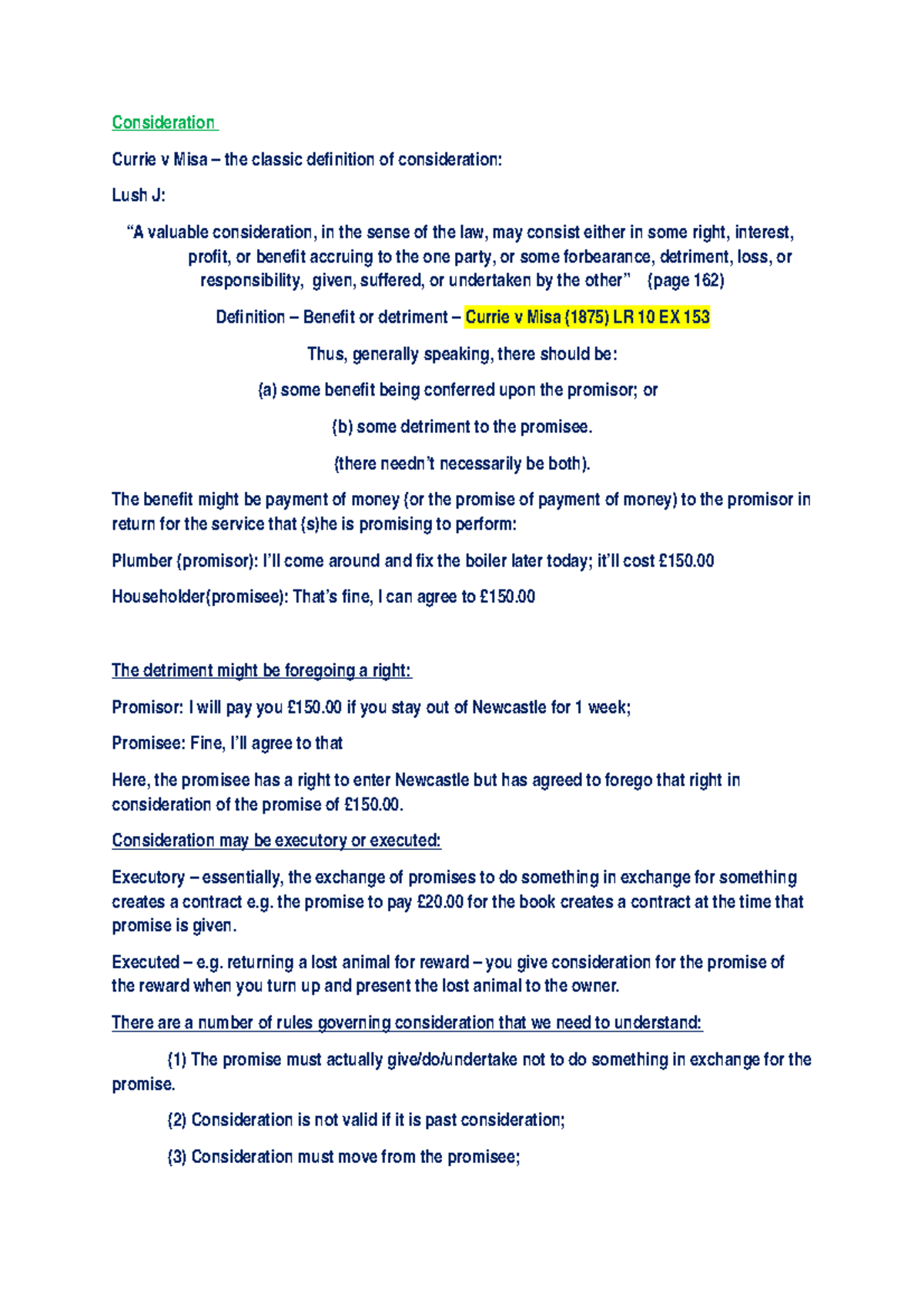 Consideration FULL Notes - Consideration Currie v Misa – the classic ...