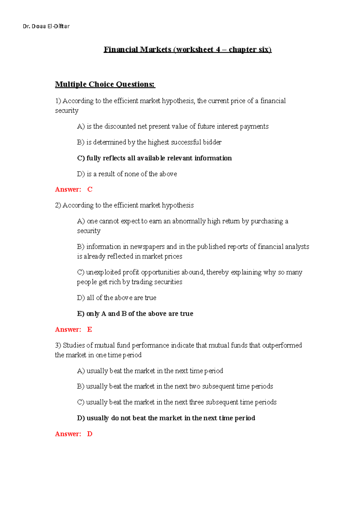 Worksheet 4 (Ch. 6) - Dr. Doaa El-Diftar Financial Markets (worksheet 4 ...