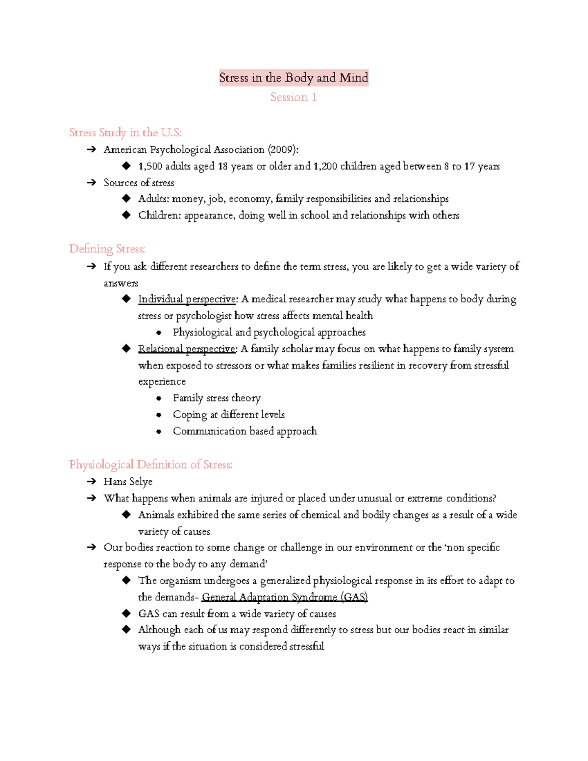 FAD Exam 1 - Lecture notes exam 1 lecture notes - Stress in the Body ...