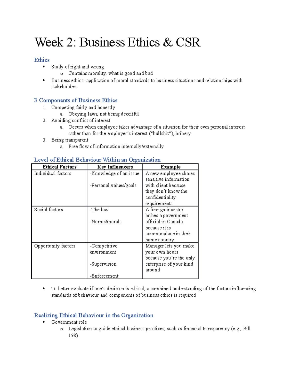 Week 2 - Business Ethics and Social Responsibility - Week 2: Business ...