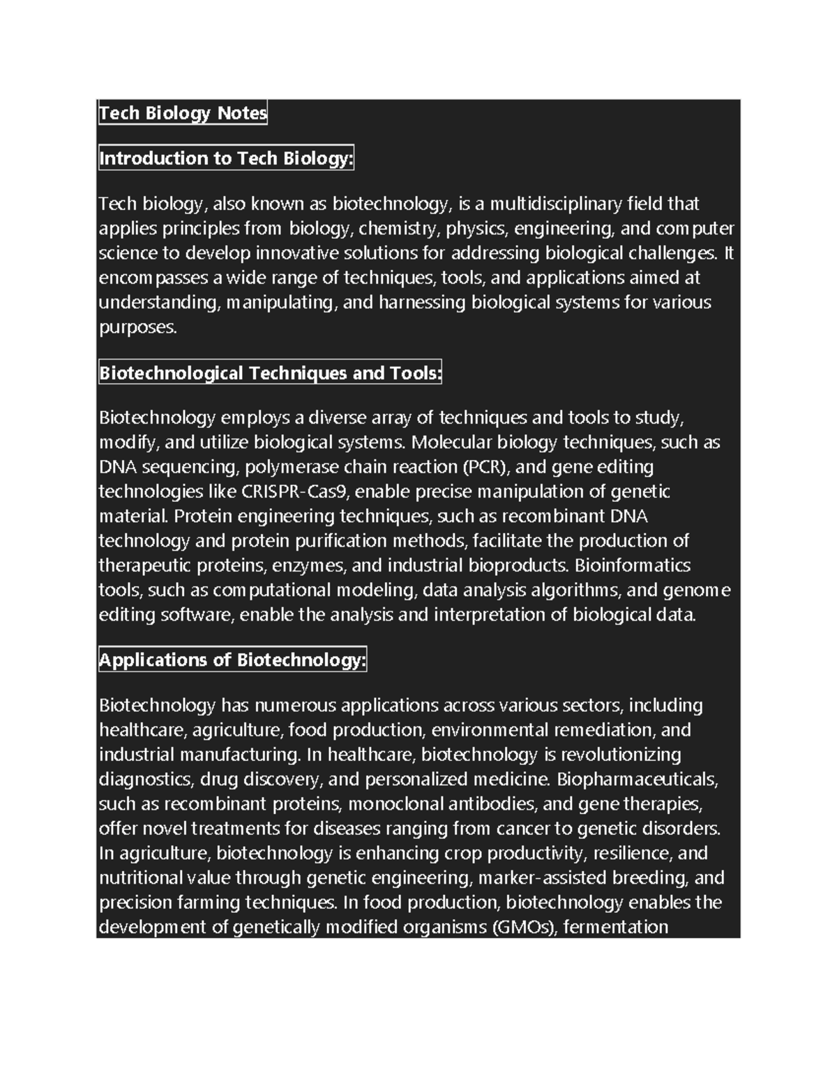 Tech Biology Notes (CH) - Tech Biology Notes Introduction to Tech ...