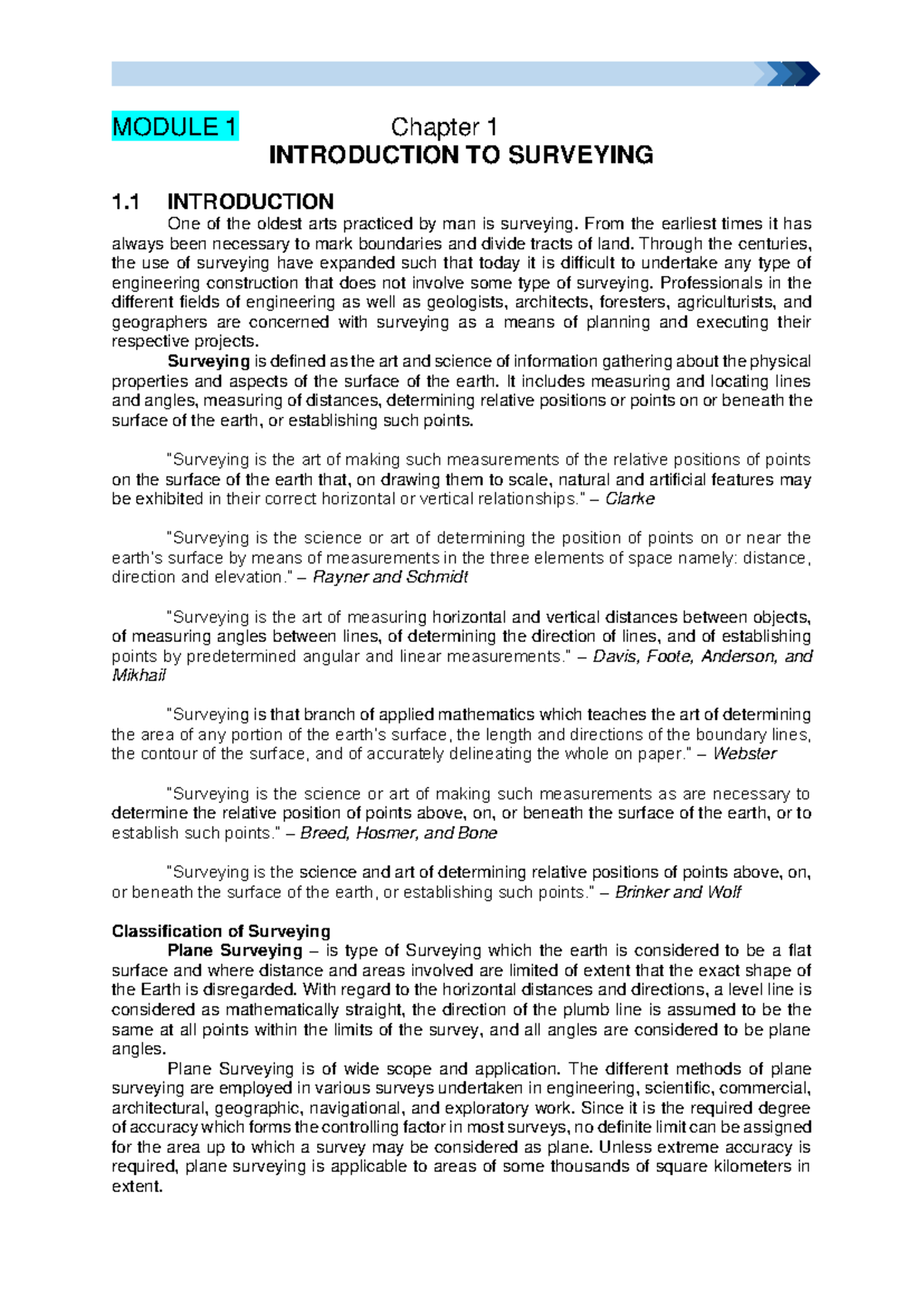 Engineering Surveys Module 1 - MODULE 1 Chapter 1 INTRODUCTION TO ...