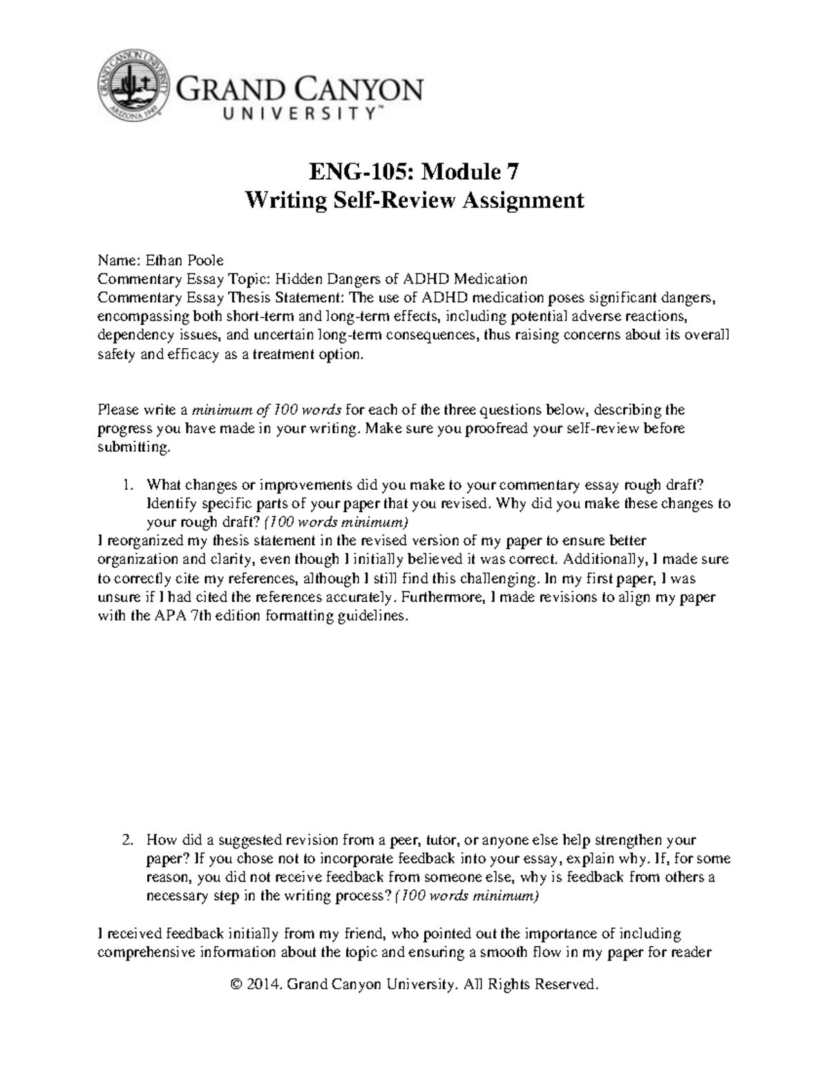 ENG 105 RS Self Review Assignment - © 2014. Grand Canyon University ...