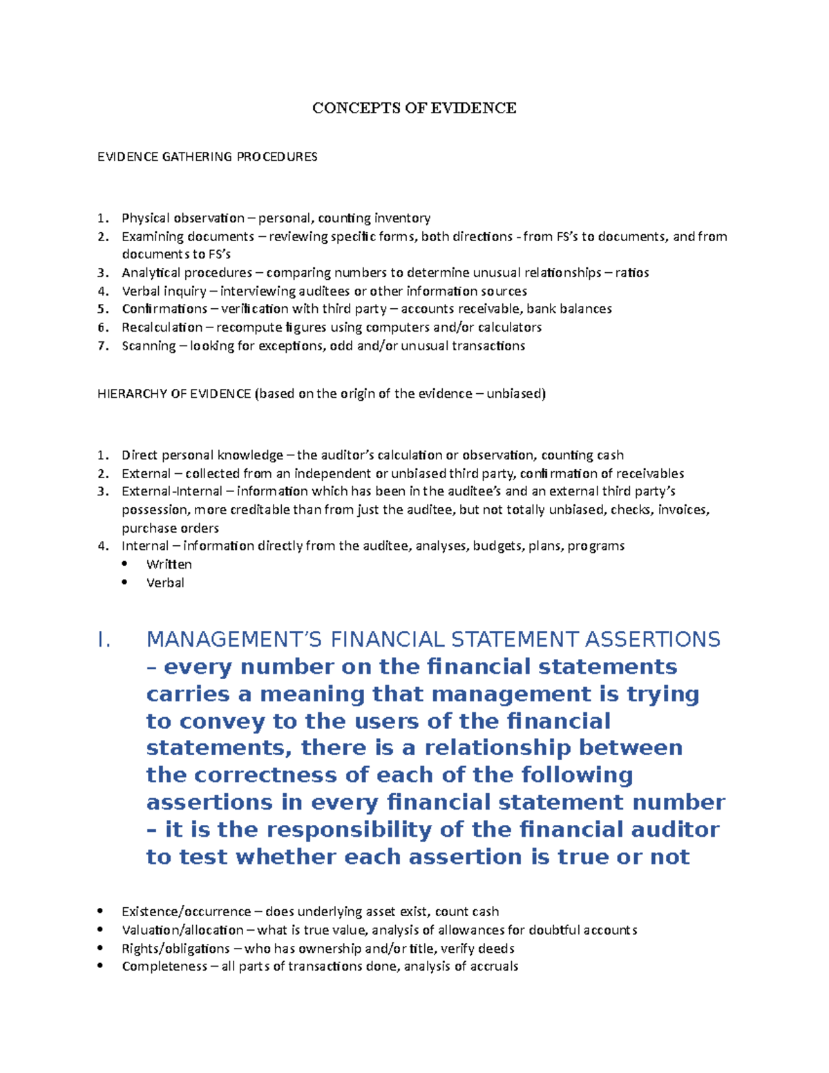 Auditing Lecture Notes For Exam 2 Concepts Of Evidence Evidence Gathering Procedures 1