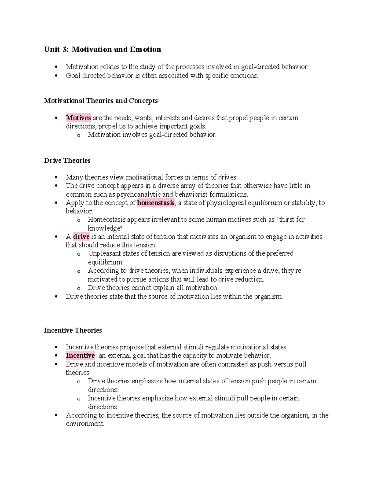 Unit3psych - unit 3 notes - Unit 3: Motivation and Emotion Motivation ...