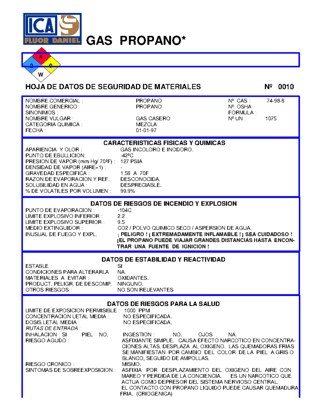 GAS Propano - Hojas de Datos Seguridad - GAS PROPANO* 4 W 2 0 HOJA DE ...