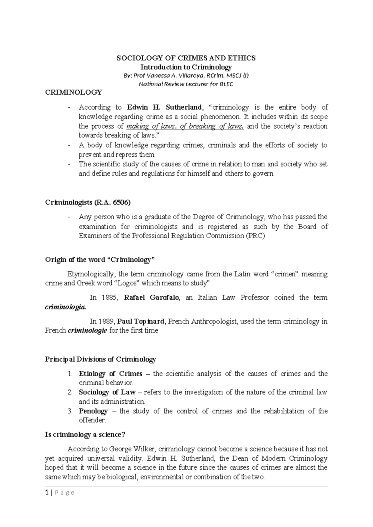 2023 Intro TO Criminology - SOCIOLOGY OF CRIMES AND ETHICS Introduction ...