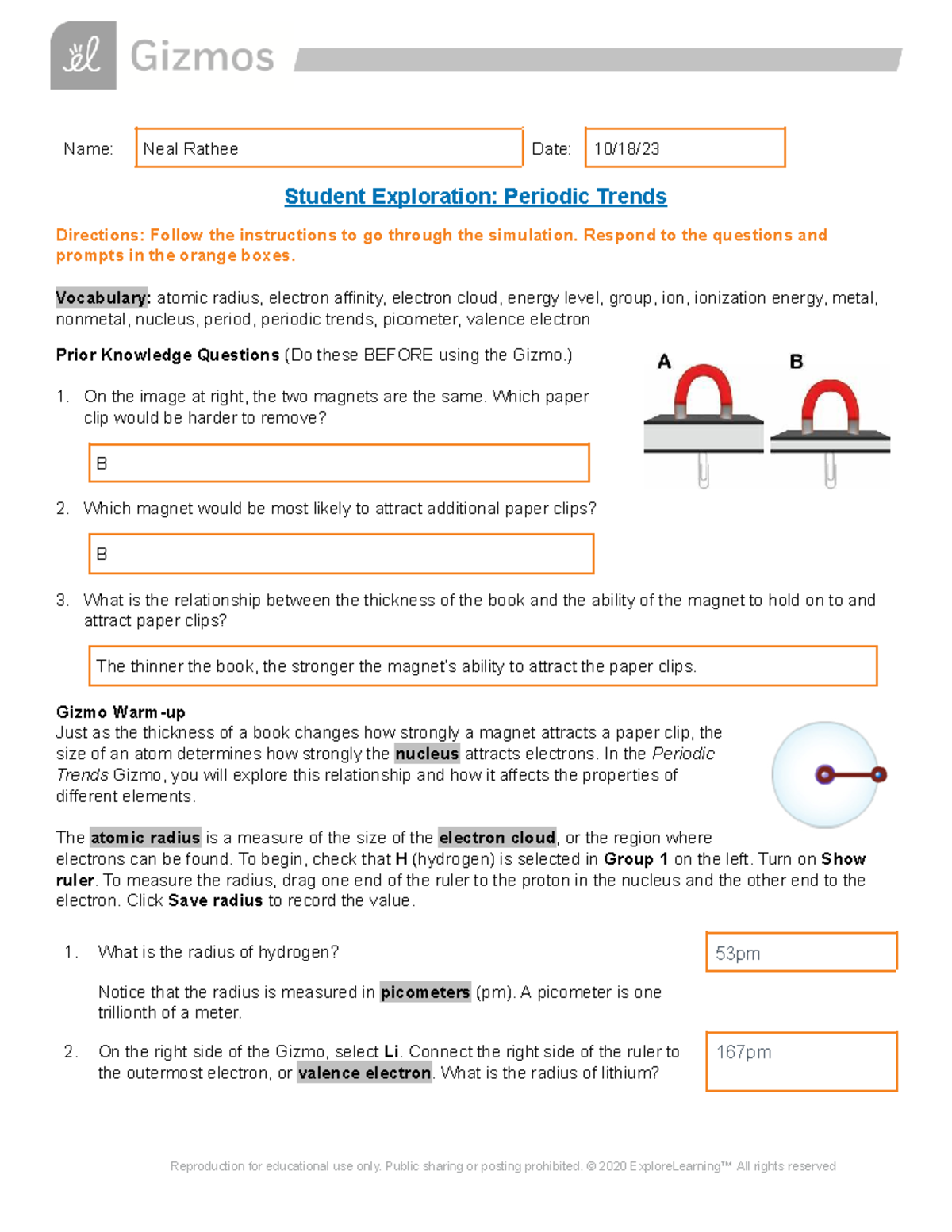 Gizmo - Periodic Trends SE - Name: Neal Rathee Date: 10/18/ Student ...