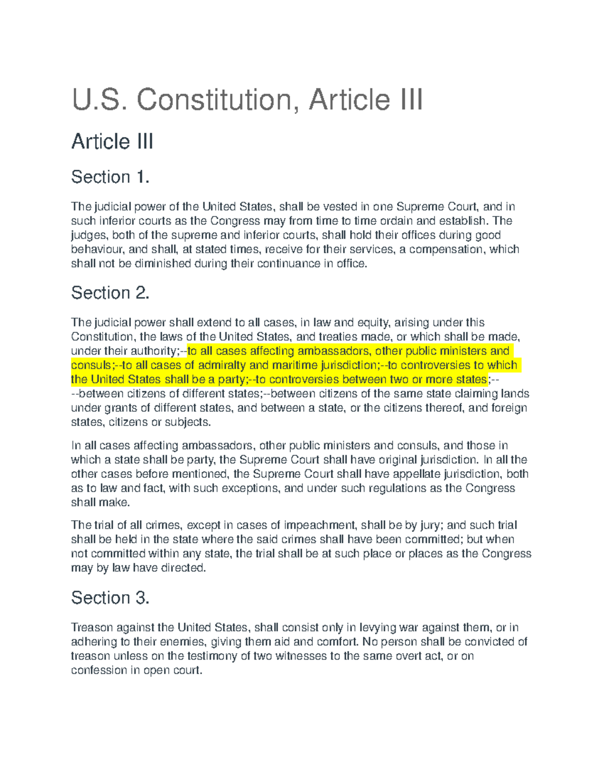 Module 1 notes - U. Constitution, Article III Article III Section 1 ...